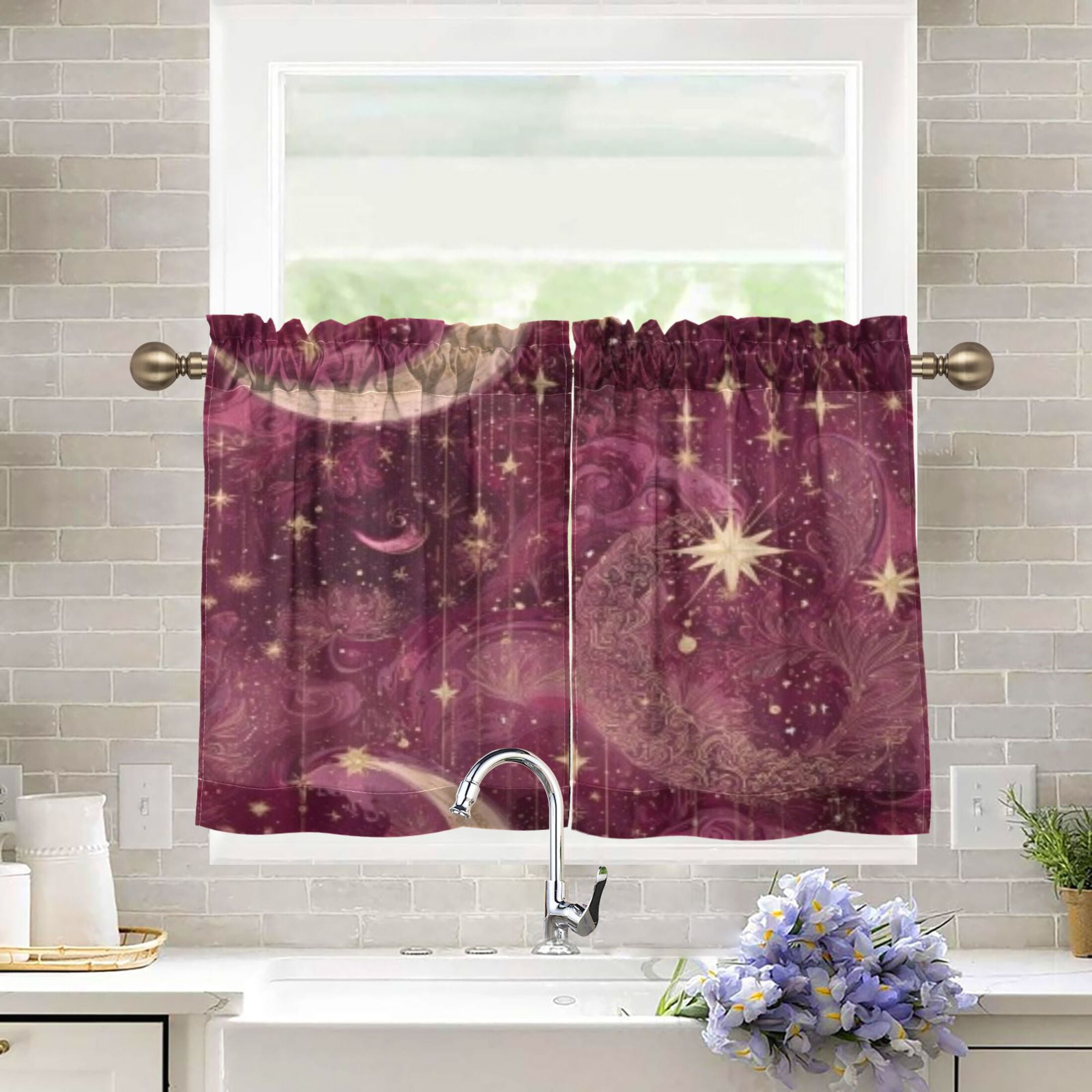 BZSMCE Set of 2 Pieces Kitchen Window Curtain Fashion Celestial Moon ...