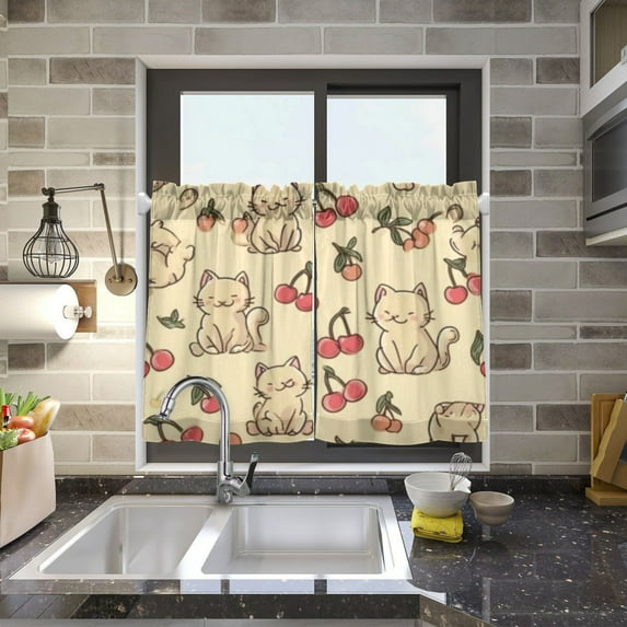BZSMCE Set of 2 Pieces Kitchen Window Curtain Fashion Cherry Kitten ...