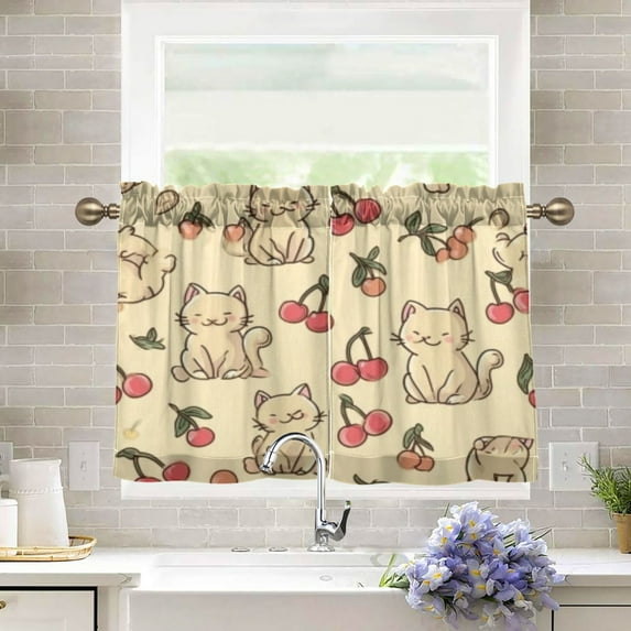 BZSMCE Set of 2 Pieces Kitchen Window Curtain Fashion Cherry Kitten ...