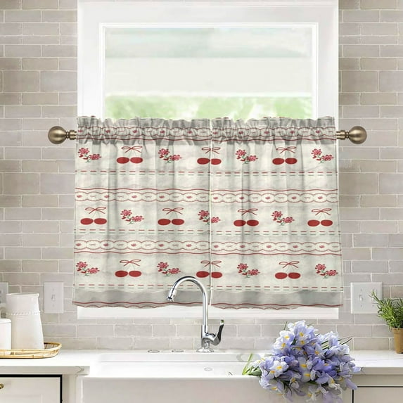 BZSMCE Set of 2 Pieces Kitchen Window Curtain Fashion Cherry Stripe ...