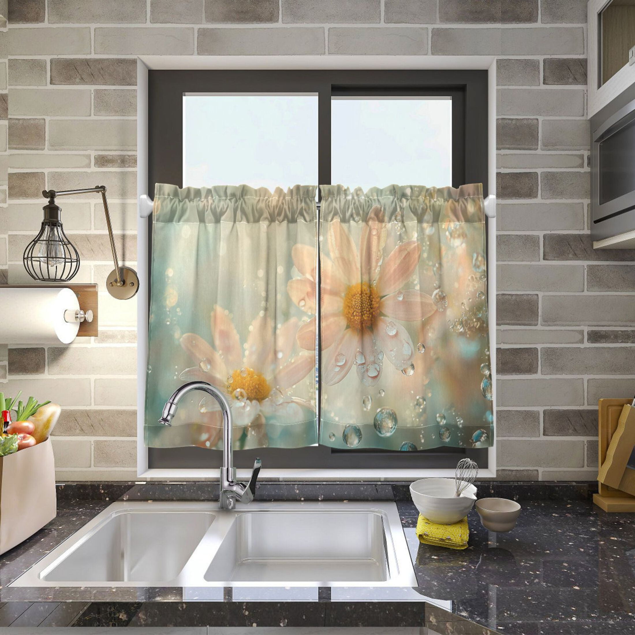 BZSMCE Set of 2 Pieces Kitchen Window Curtain Fashion Daisy Flowers ...