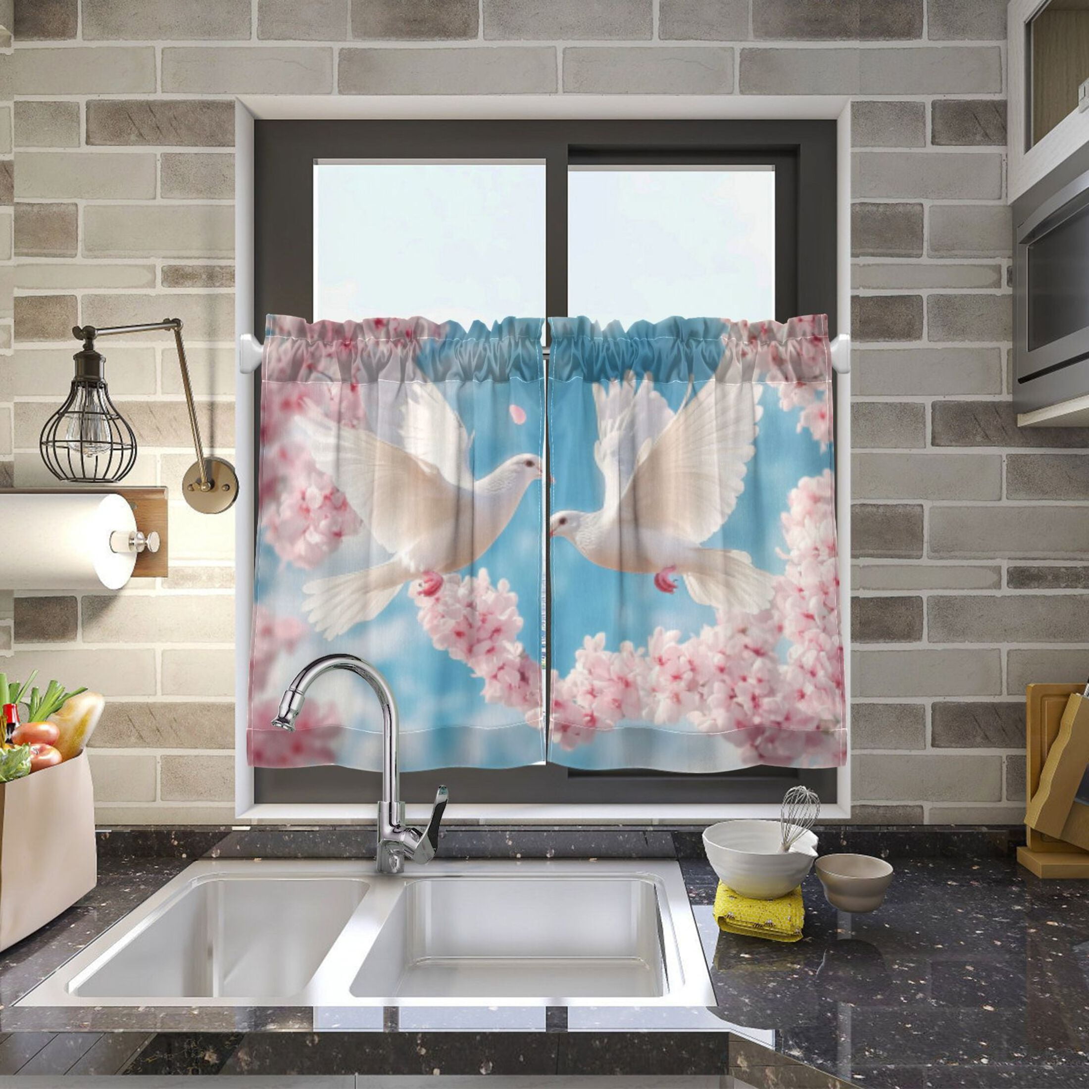 BZSMCE Set of 2 Pieces Kitchen Window Curtain Fashion Doves in Blossom ...