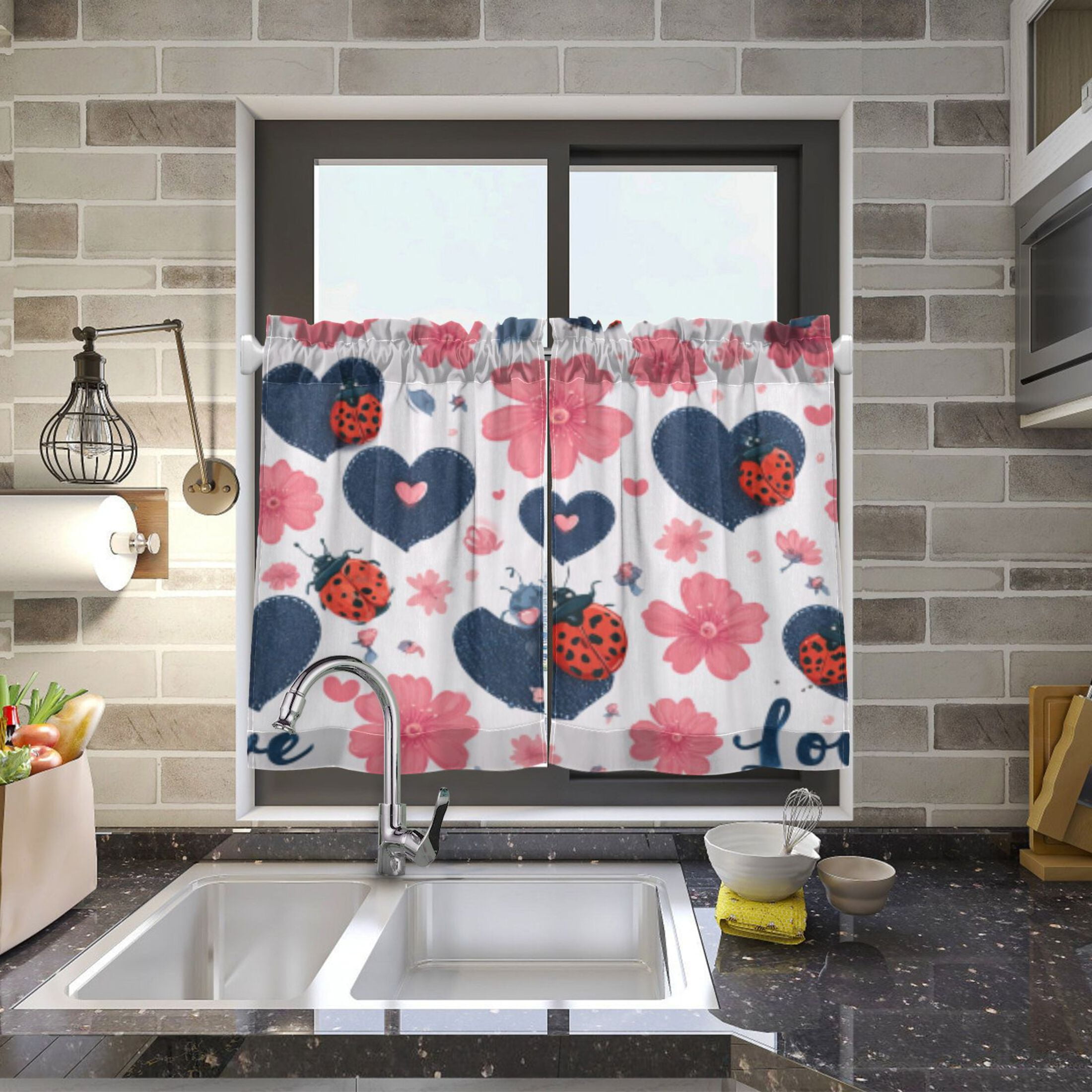 BZSMCE Set of 2 Pieces Kitchen Window Curtain Fashion Floral Ladybug ...