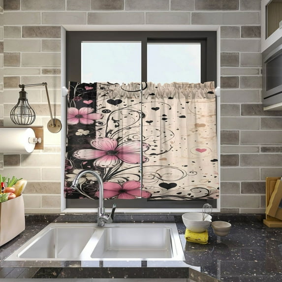BZSMCE Set of 2 Pieces Kitchen Window Curtain Fashion Grunge Floral ...
