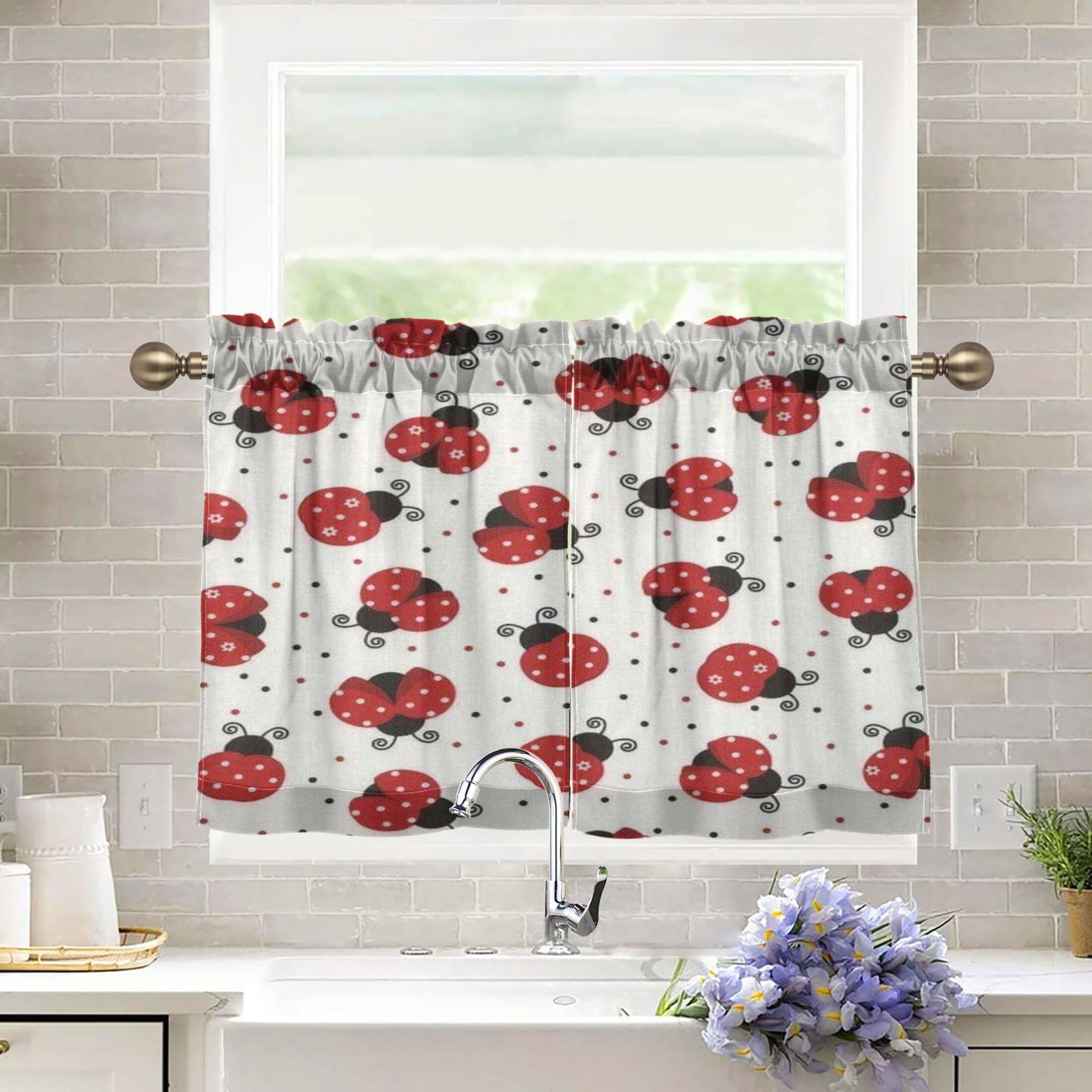 BZSMCE Set of 2 Pieces Kitchen Window Curtain Fashion Ladybugs Art ...