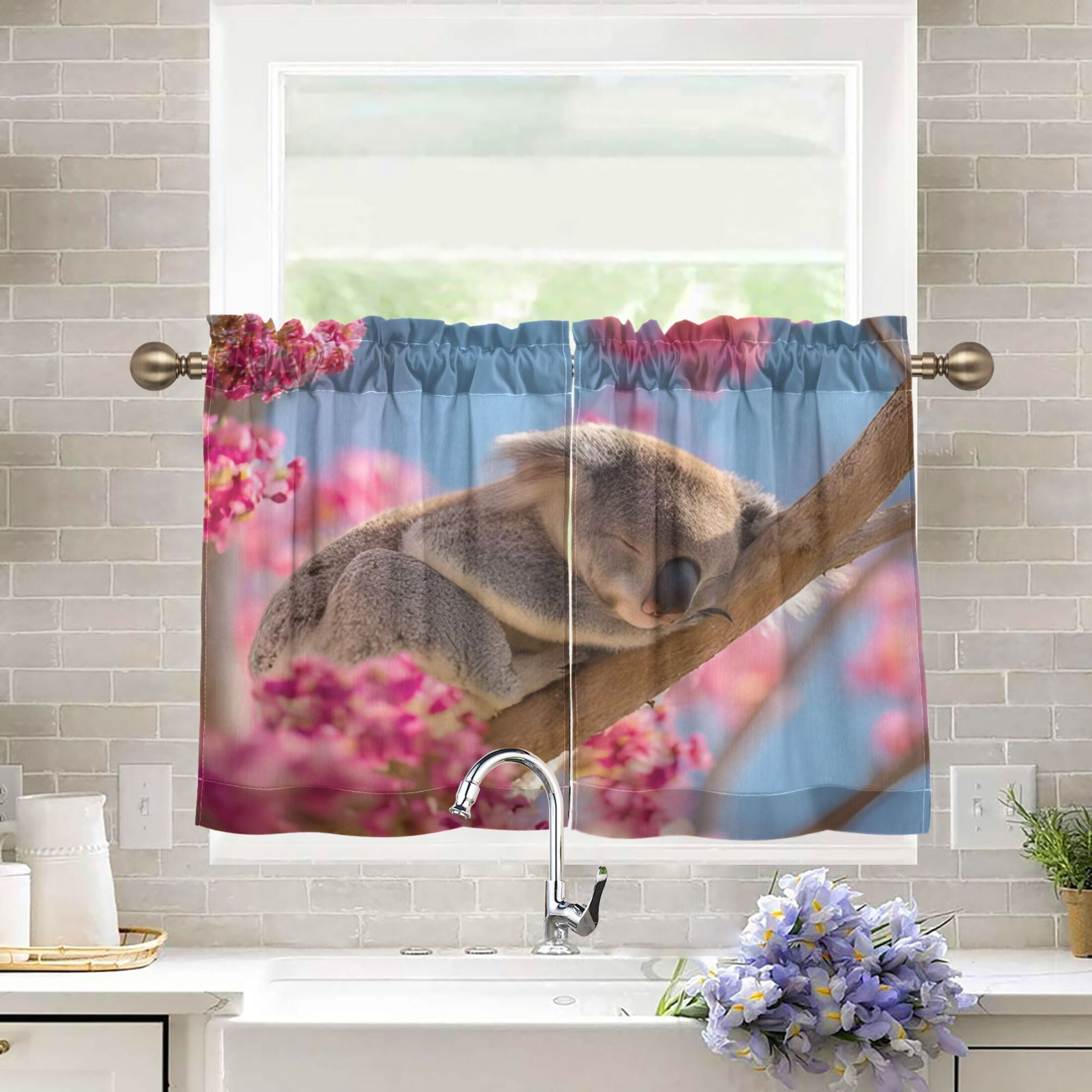 BZSMCE Set of 2 Pieces Kitchen Window Curtain Fashion Pink Bloom Koala ...