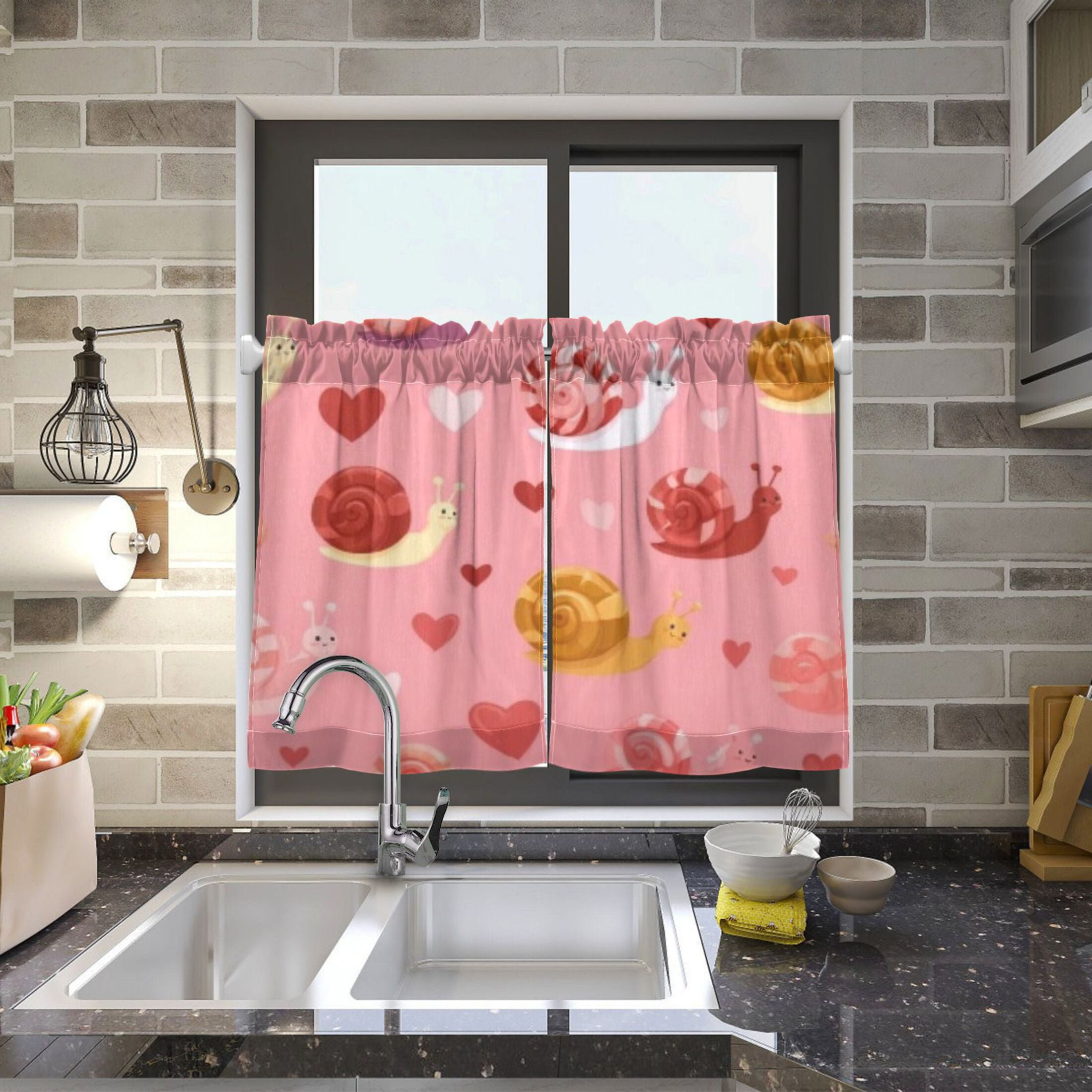 BZSMCE Set of 2 Pieces Kitchen Window Curtain Fashion Pink Snail Heart ...