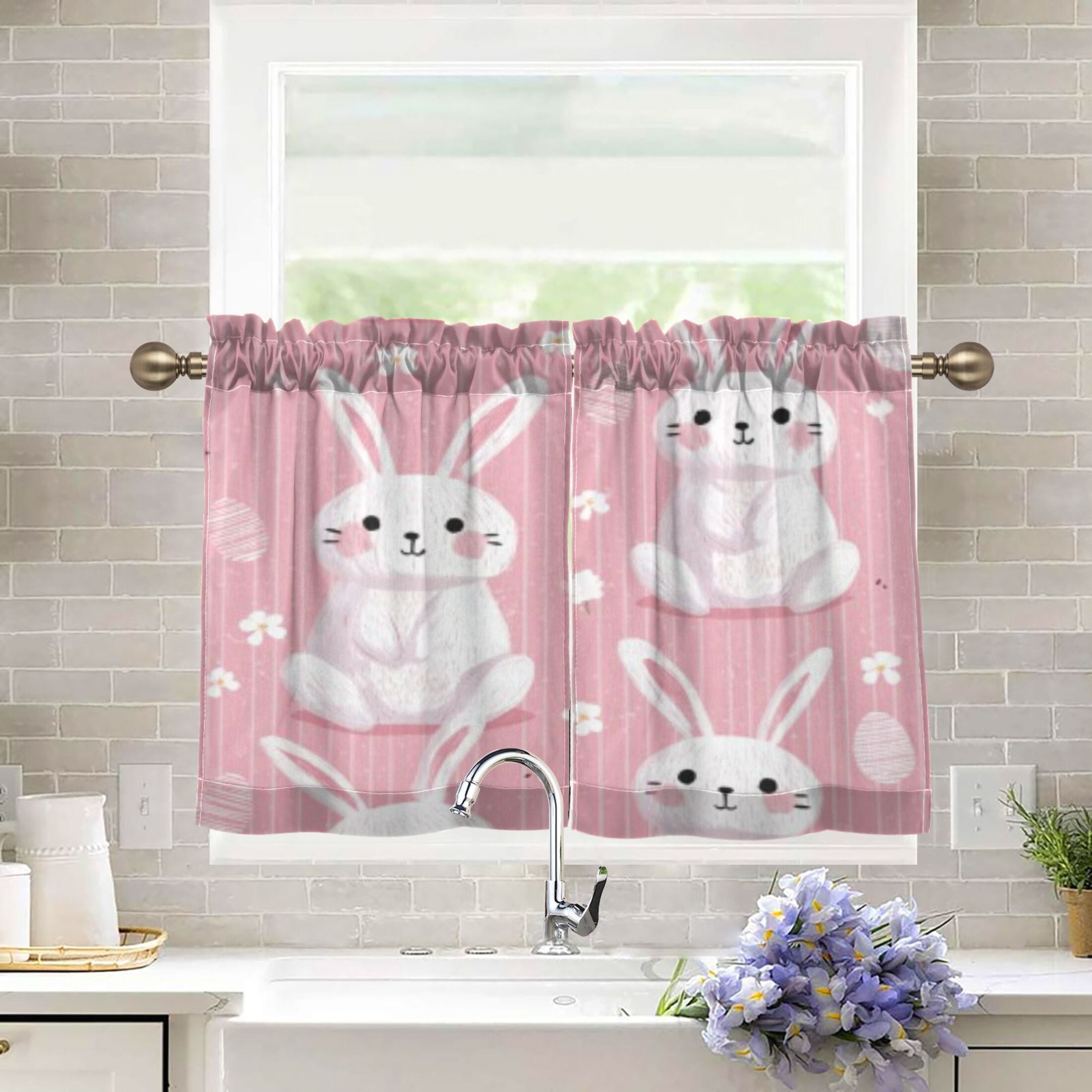 BZSMCE Set of 2 Pieces Kitchen Window Curtain Fashion Pink White Bunn ...