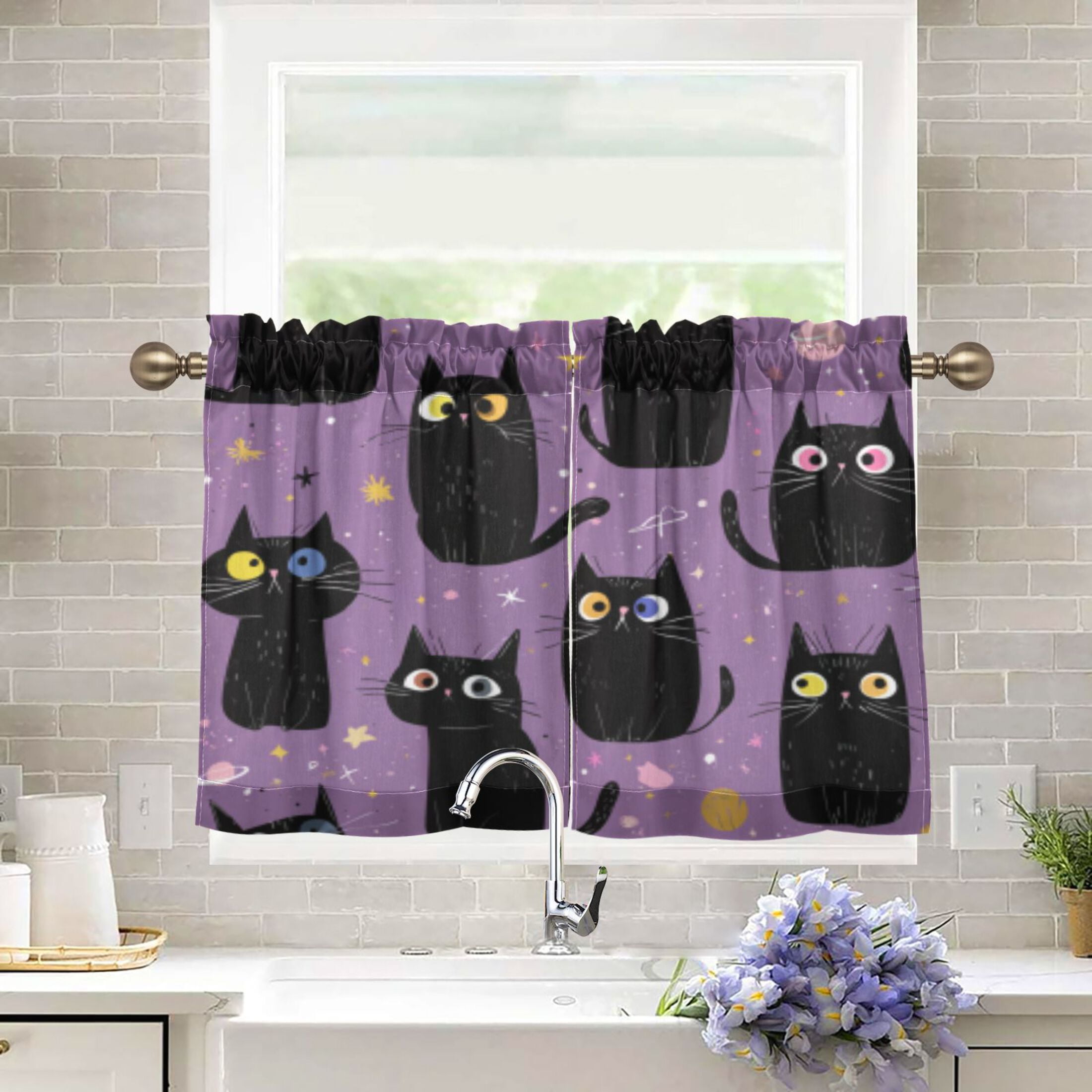 BZSMCE Set of 2 Pieces Kitchen Window Curtain Fashion Purple Feline ...