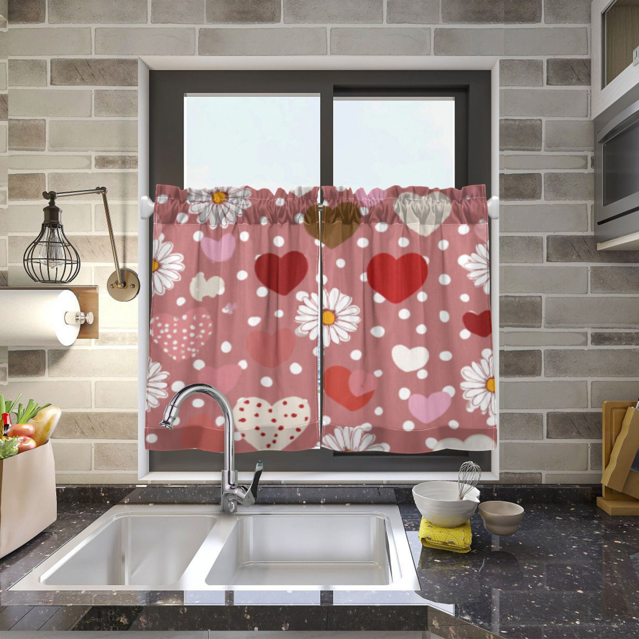 BZSMCE Set of 2 Pieces Kitchen Window Curtain Fashion Ruby Heart ...