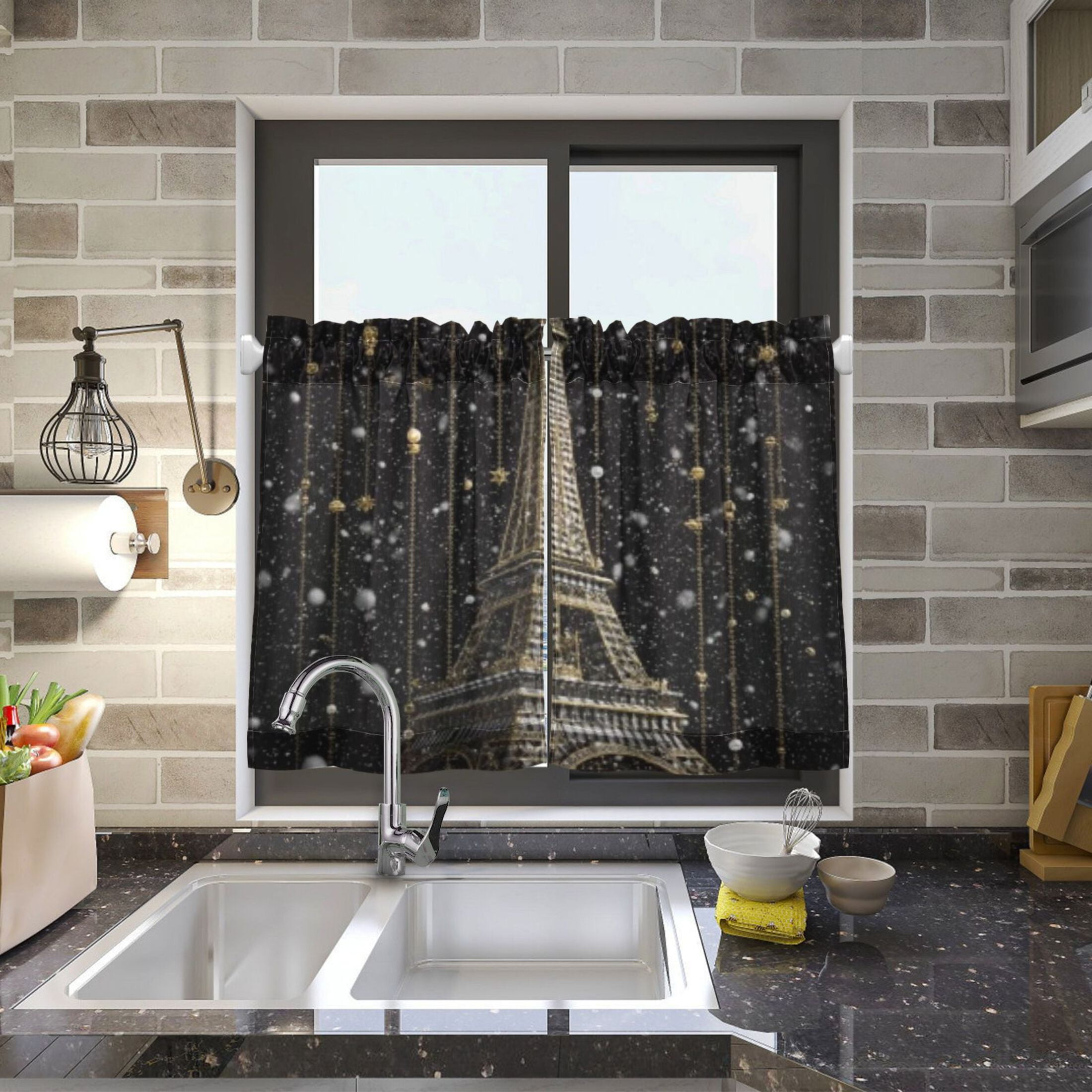 BZSMCE Set of 2 Pieces Kitchen Window Curtain Fashion Snowy Tower ...