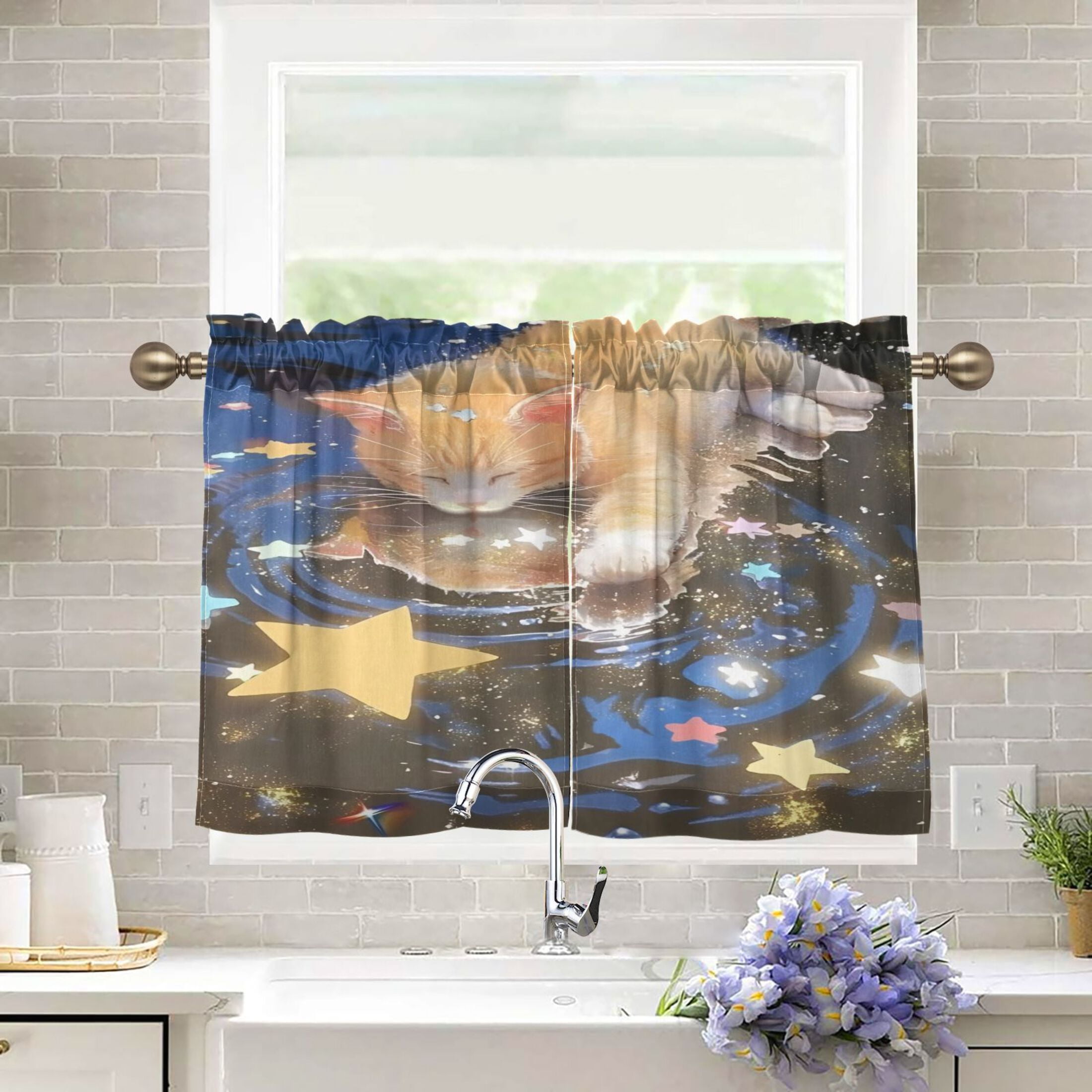 BZSMCE Set of 2 Pieces Kitchen Window Curtain Fashion Starlit Pond Cat ...