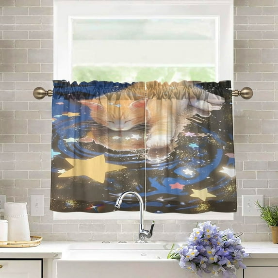 BZSMCE Set of 2 Pieces Kitchen Window Curtain Fashion Starlit Pond Cat ...
