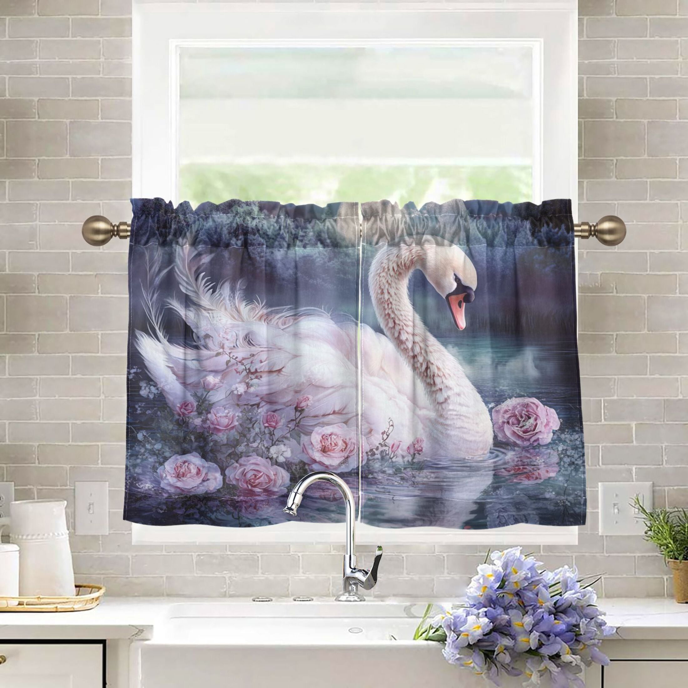 BZSMCE Set of 2 Pieces Kitchen Window Curtain Fashion Swan by Moonlight ...