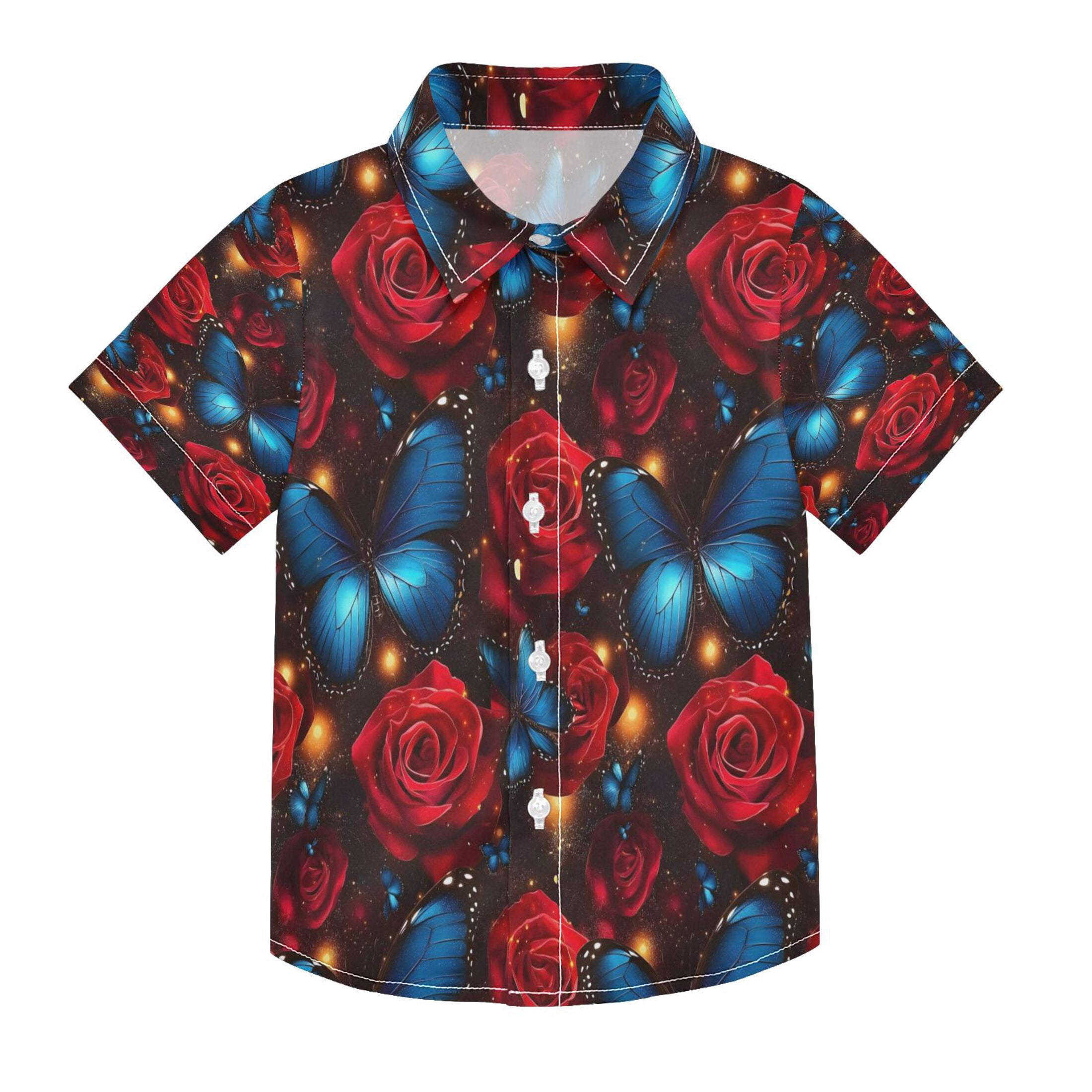 BZSMCE Short-Sleeve Button-Down Shirt Summer Blue Spotted Butterfly Red ...