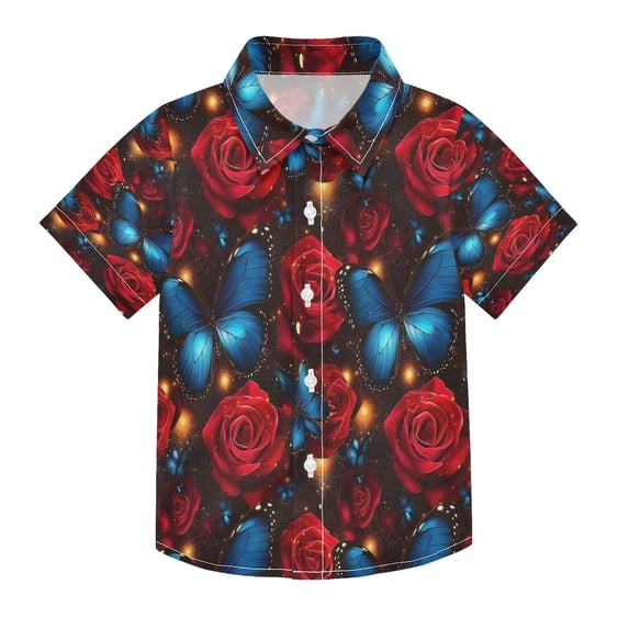 BZSMCE Short-Sleeve Button-Down Shirt Summer Blue Spotted Butterfly Red ...