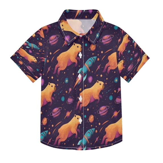 BZSMCE Short-Sleeve Button-Down Shirt Summer Capybara Rocket Planet ...