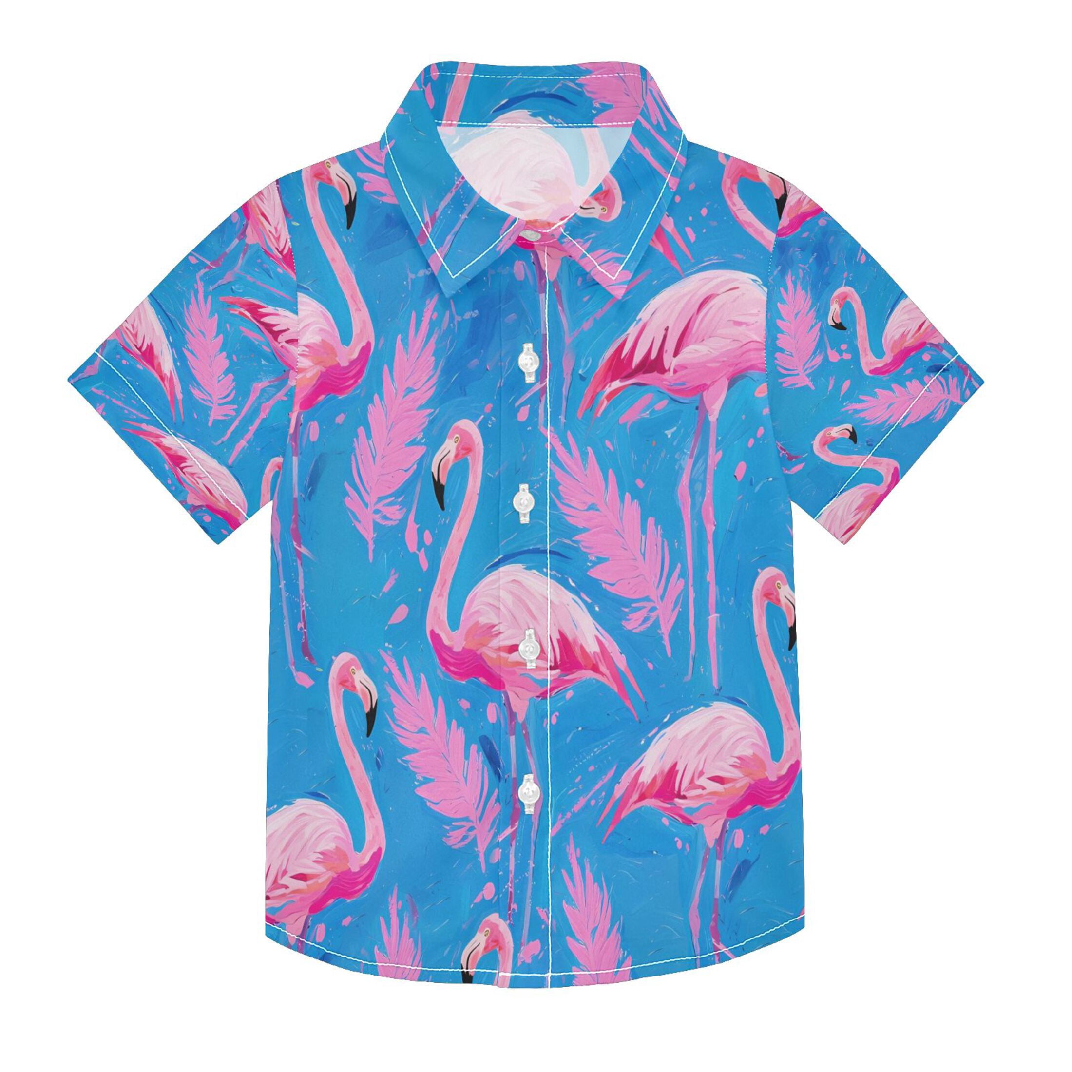 BZSMCE Short-Sleeve Button-Down Shirt Summer Flamingo Palm Leaves ...