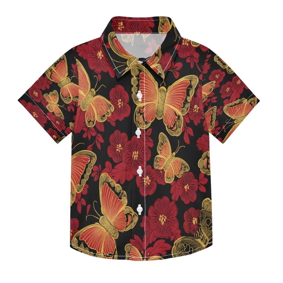 BZSMCE Short-Sleeve Button-Down Shirt Summer Red Flower Butterfly ...