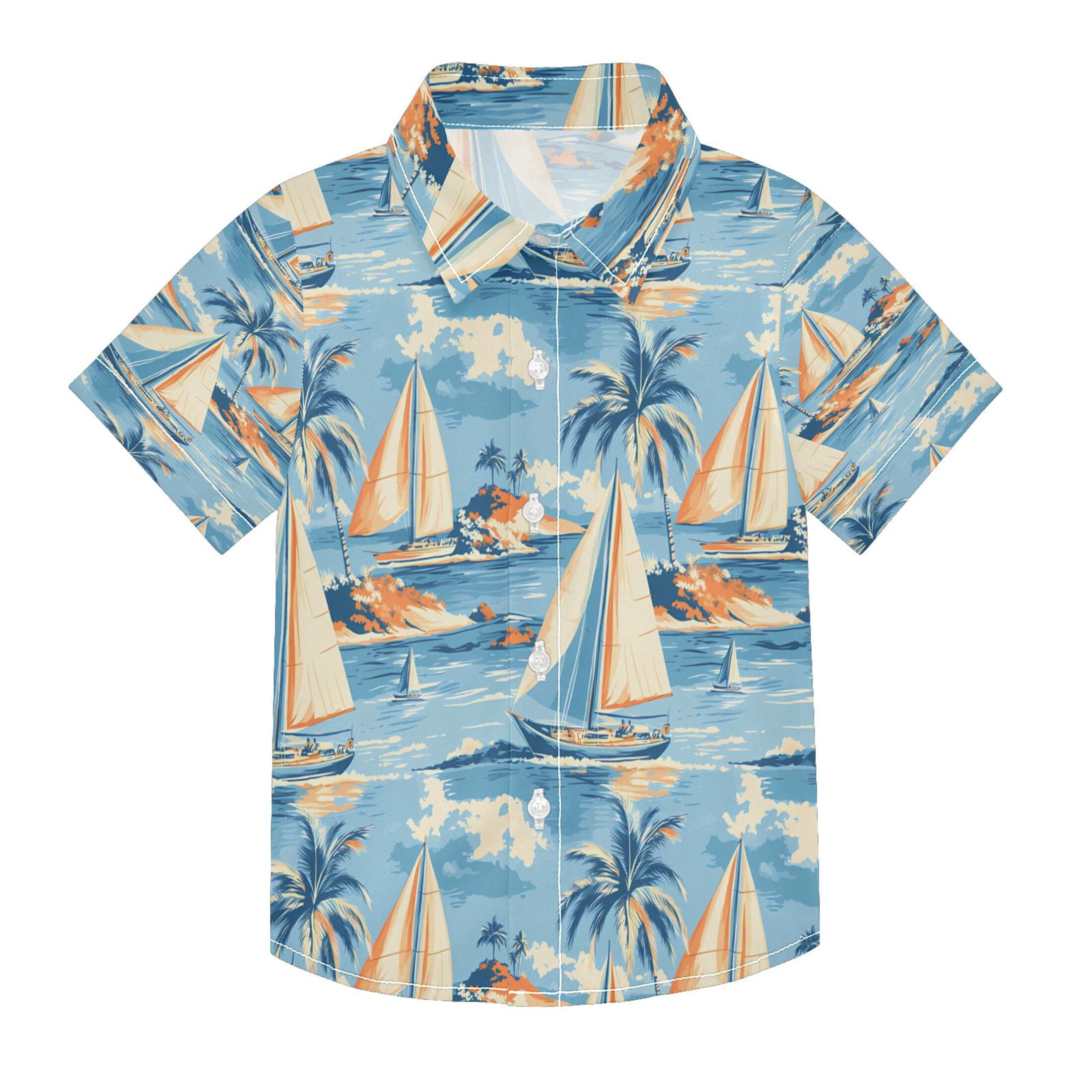 BZSMCE Short-Sleeve Button-Down Shirt Summer Sailboat Palm Sea Wave ...