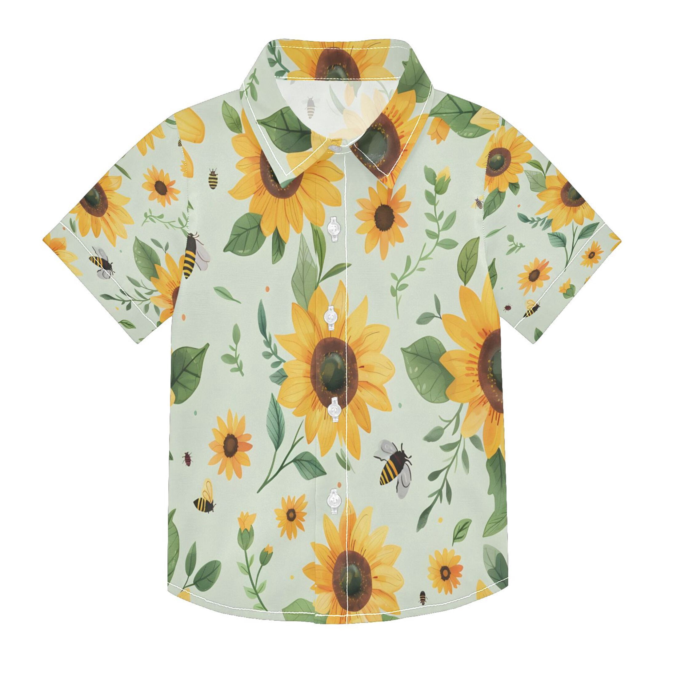 BZSMCE Short-Sleeve Button-Down Shirt Summer Sunflower Bee Pattern For ...