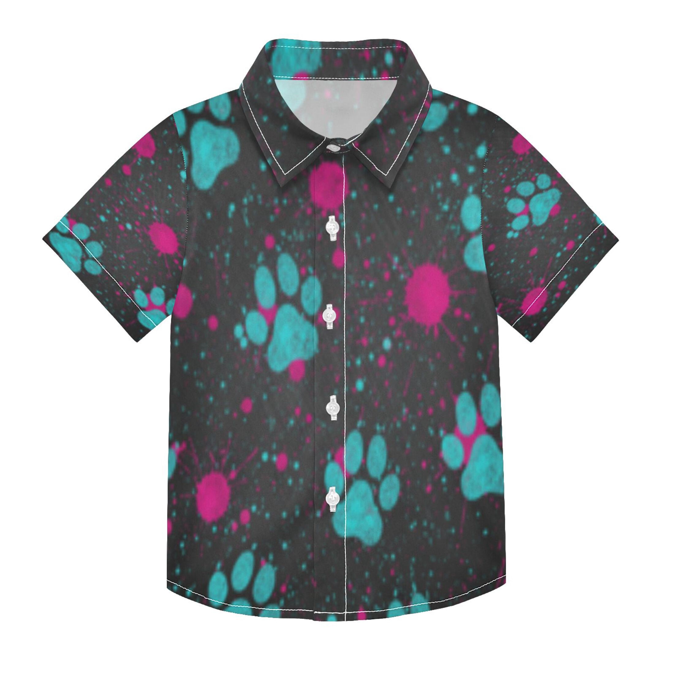 BZSMCE Short-Sleeve Button-Down Shirt Summer Teal Dog Paw Prints Black ...