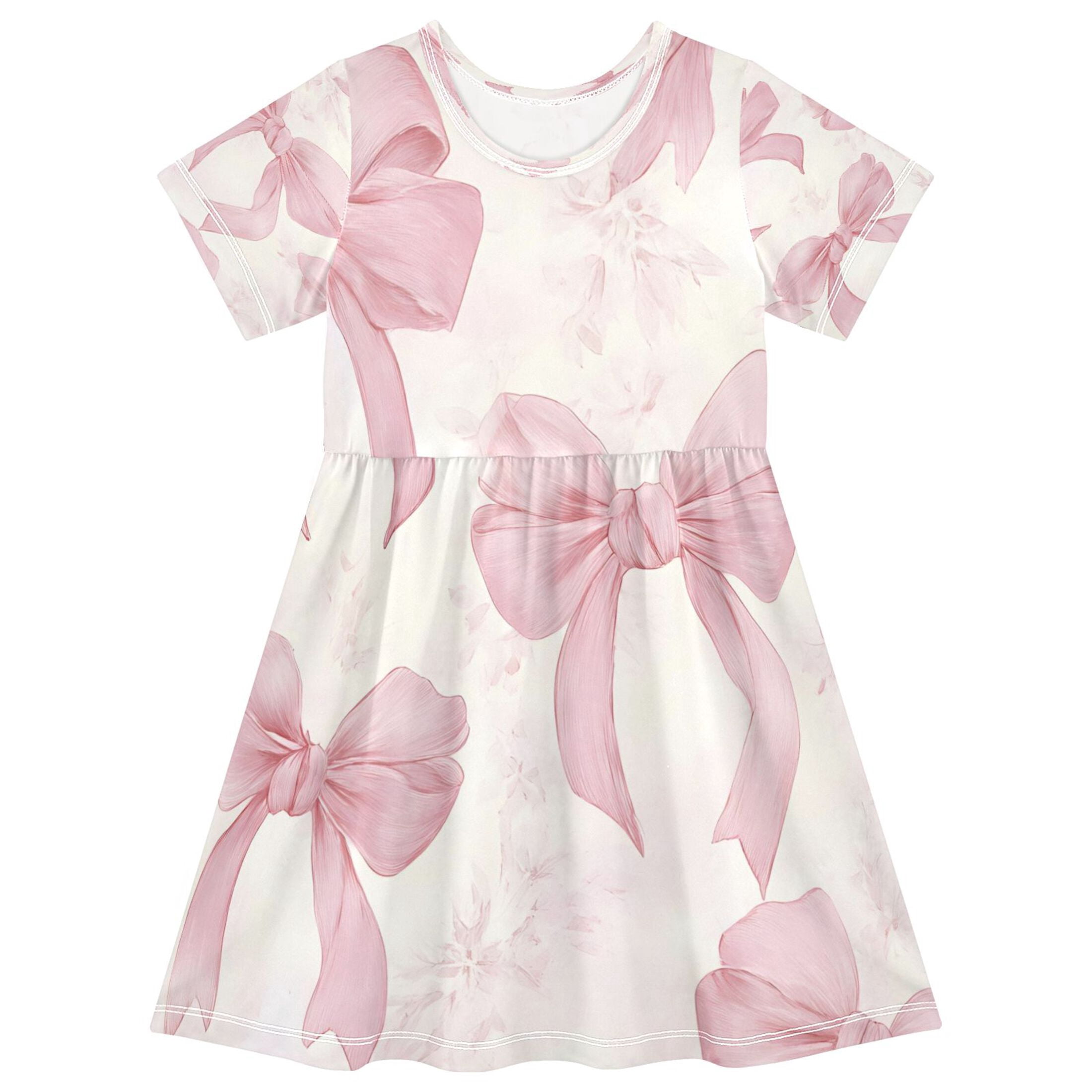 BZSMCE Short Sleeve Dress A-line Silhouette Bow Knot Pink Pattern Of ...
