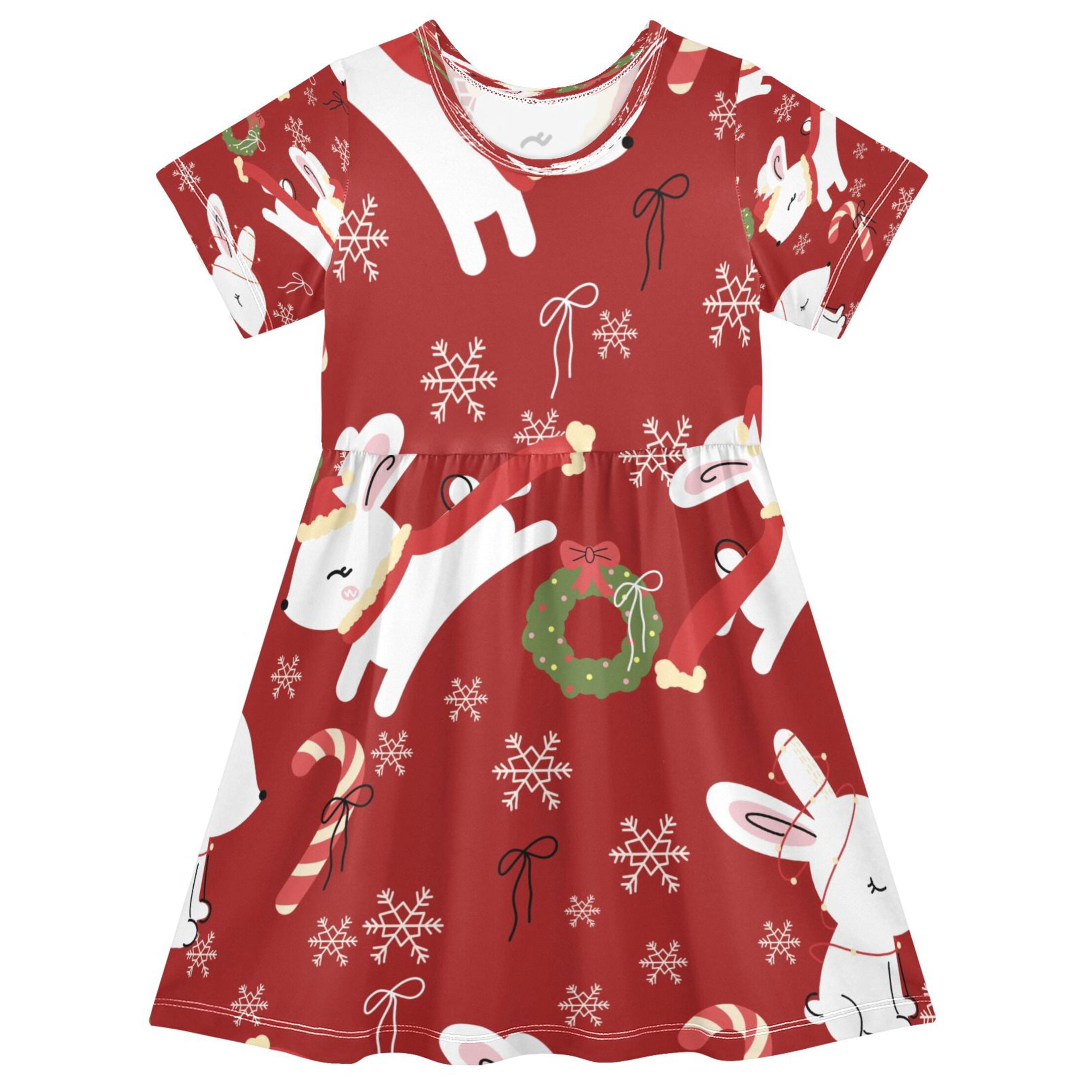 BZSMCE Short Sleeve Dress A-line Silhouette Christmas Wreath Rabbit ...