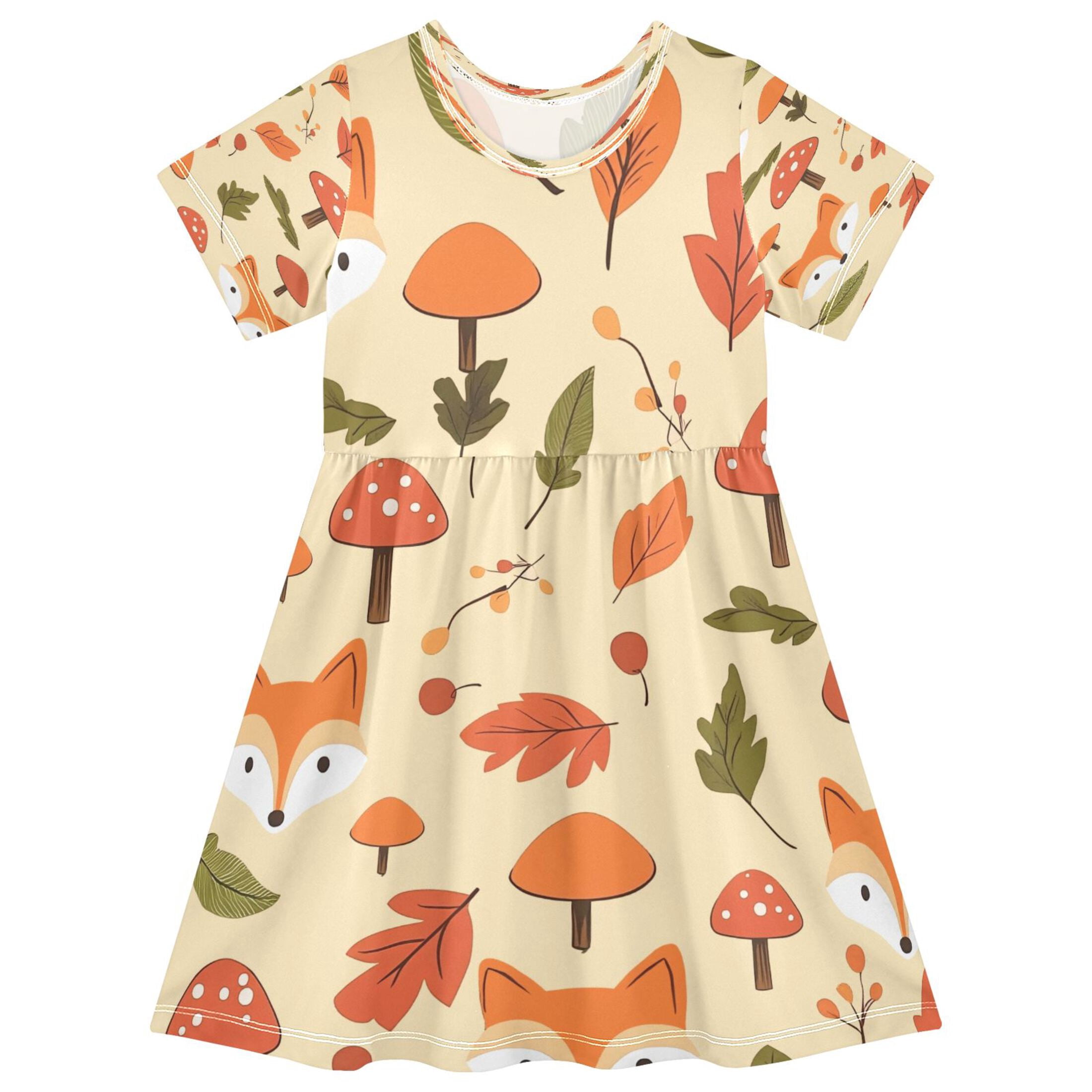 BZSMCE Short Sleeve Dress A-line Silhouette Fox Mushroom Autumn Leaves ...