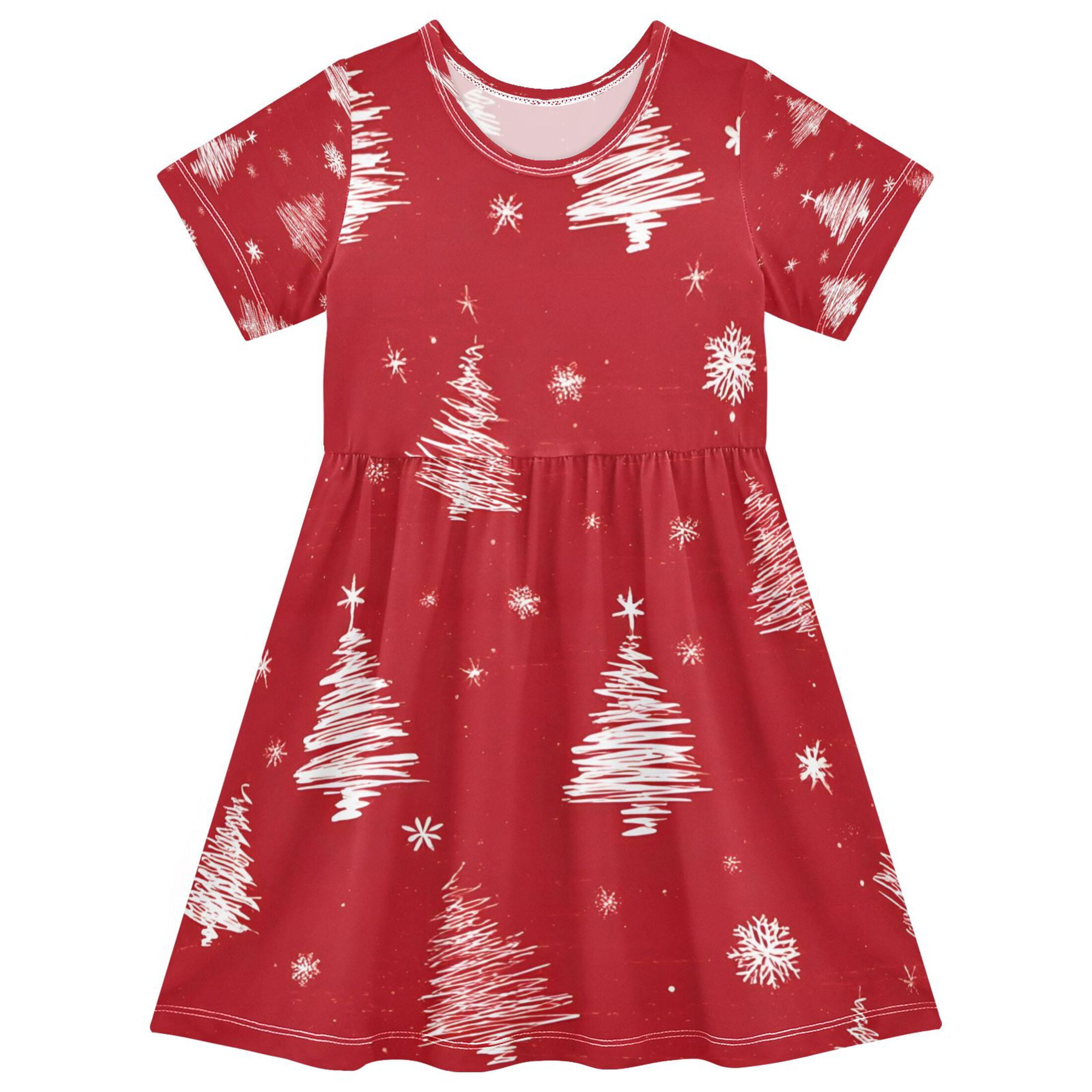 BZSMCE Short Sleeve Dress A-line Silhouette Hand Drawn Christmas Tree ...