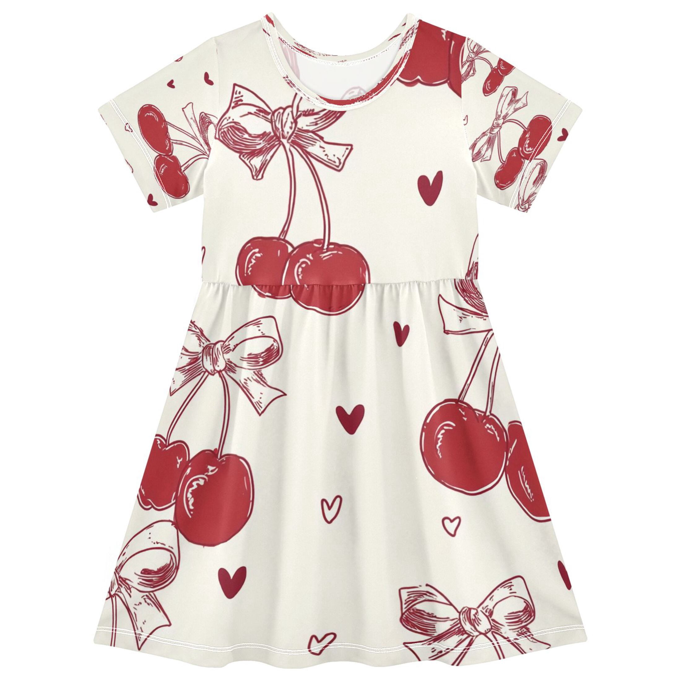 BZSMCE Short Sleeve Dress A-line Silhouette Red Bow Cherry Love Pattern ...