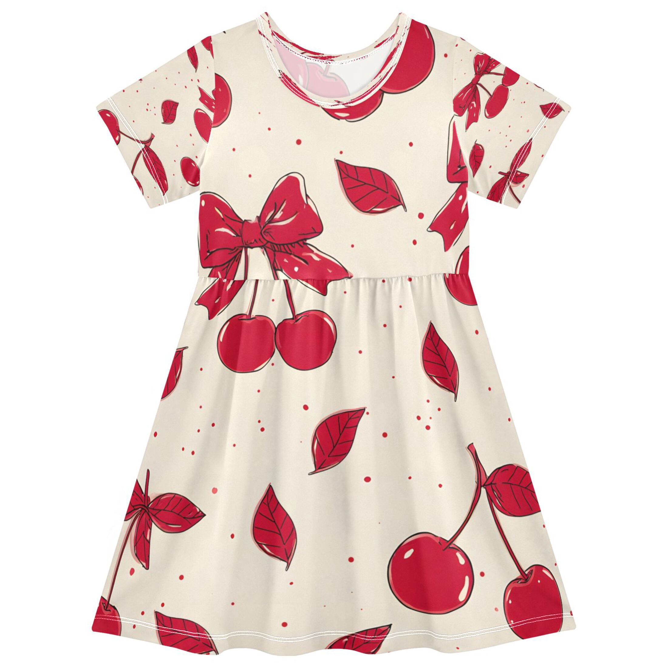 BZSMCE Short Sleeve Dress A-line Silhouette Red Bow Cherry Of Pattern ...