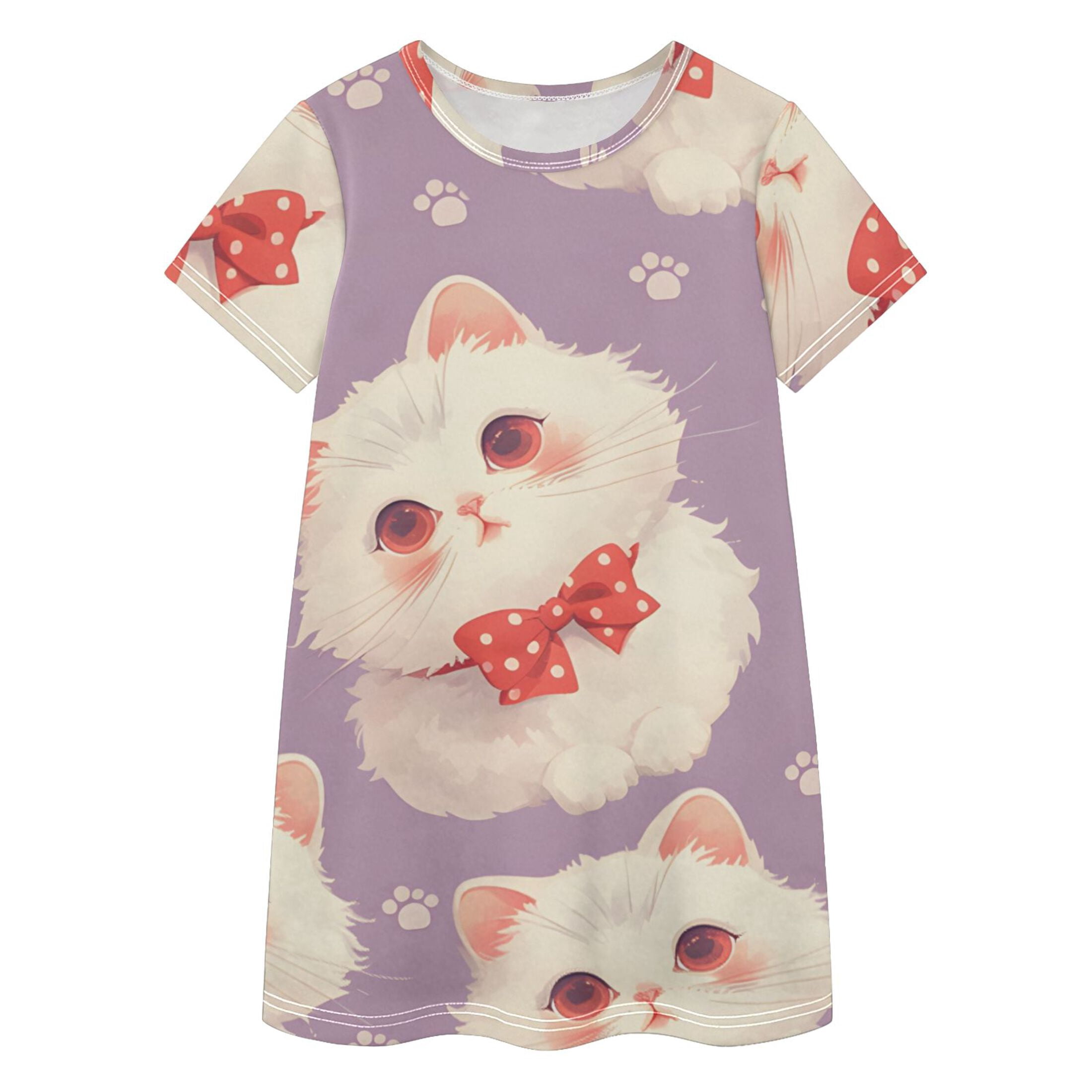 BZSMCE Short Sleeve dress Dress Casual Cotton Dresses-A Cat with A Red ...