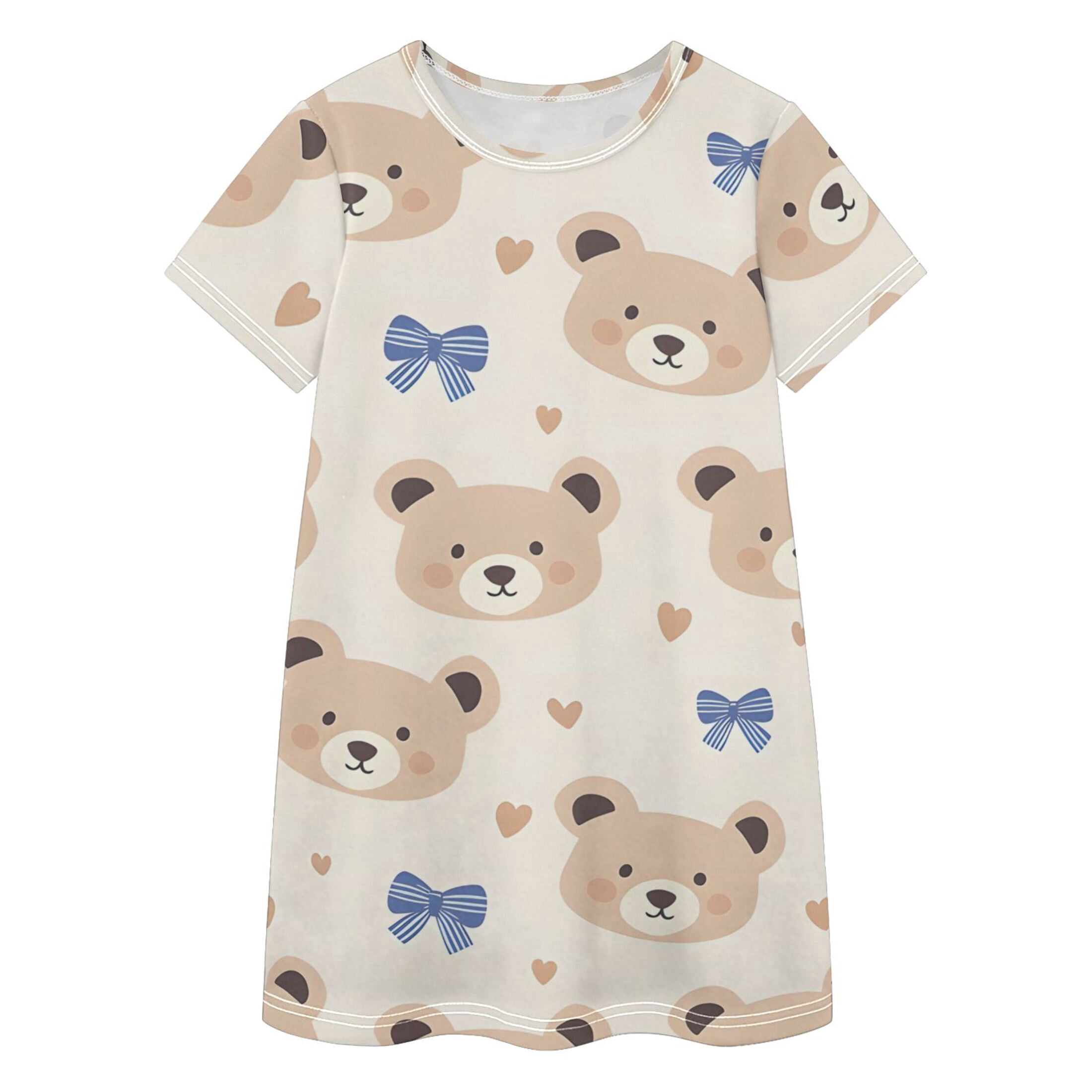 BZSMCE Short Sleeve dress Dress Casual Cotton Dresses-Bear Blue Bow ...