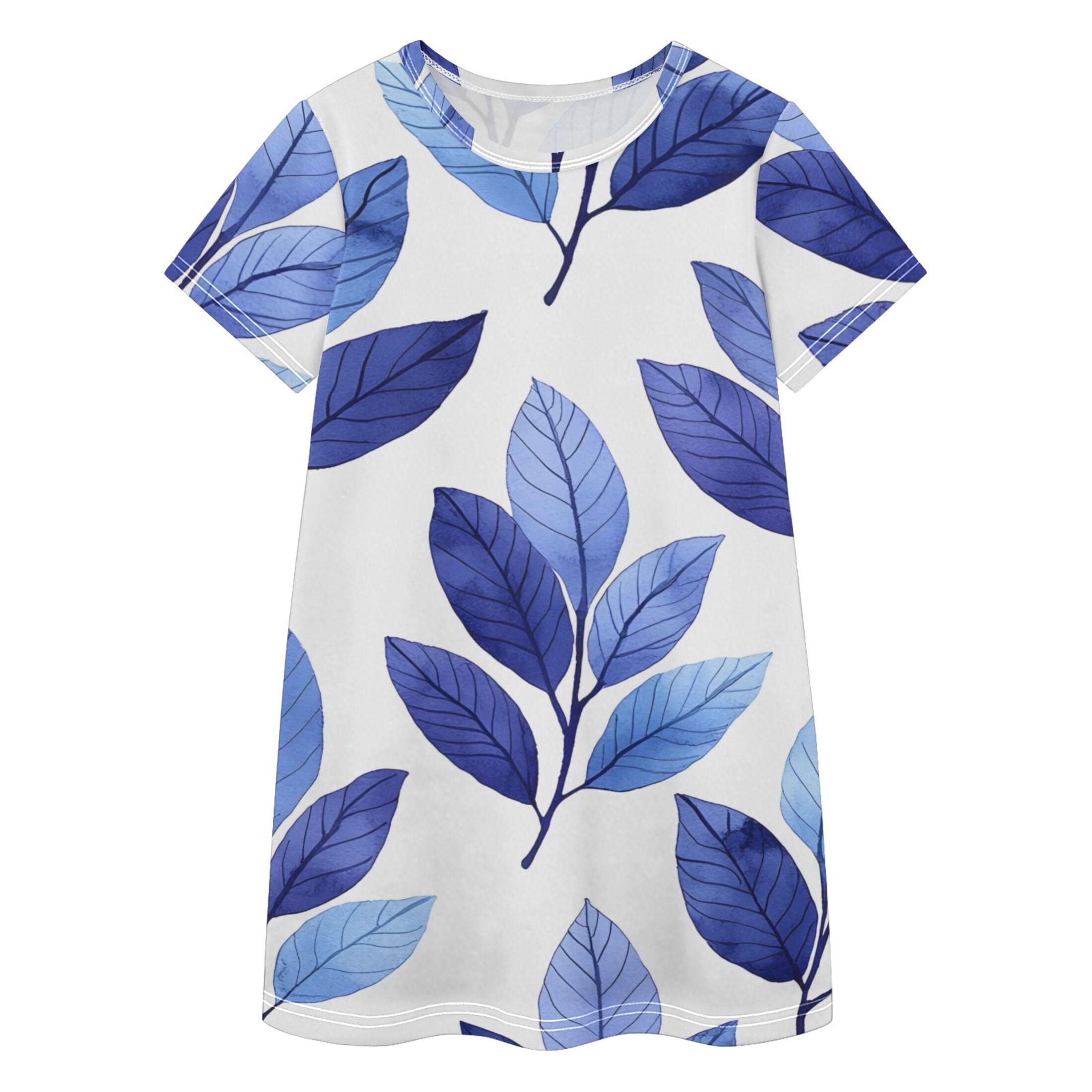 BZSMCE Short Sleeve dress Dress Casual Cotton Dresses-Blue Leaf ...