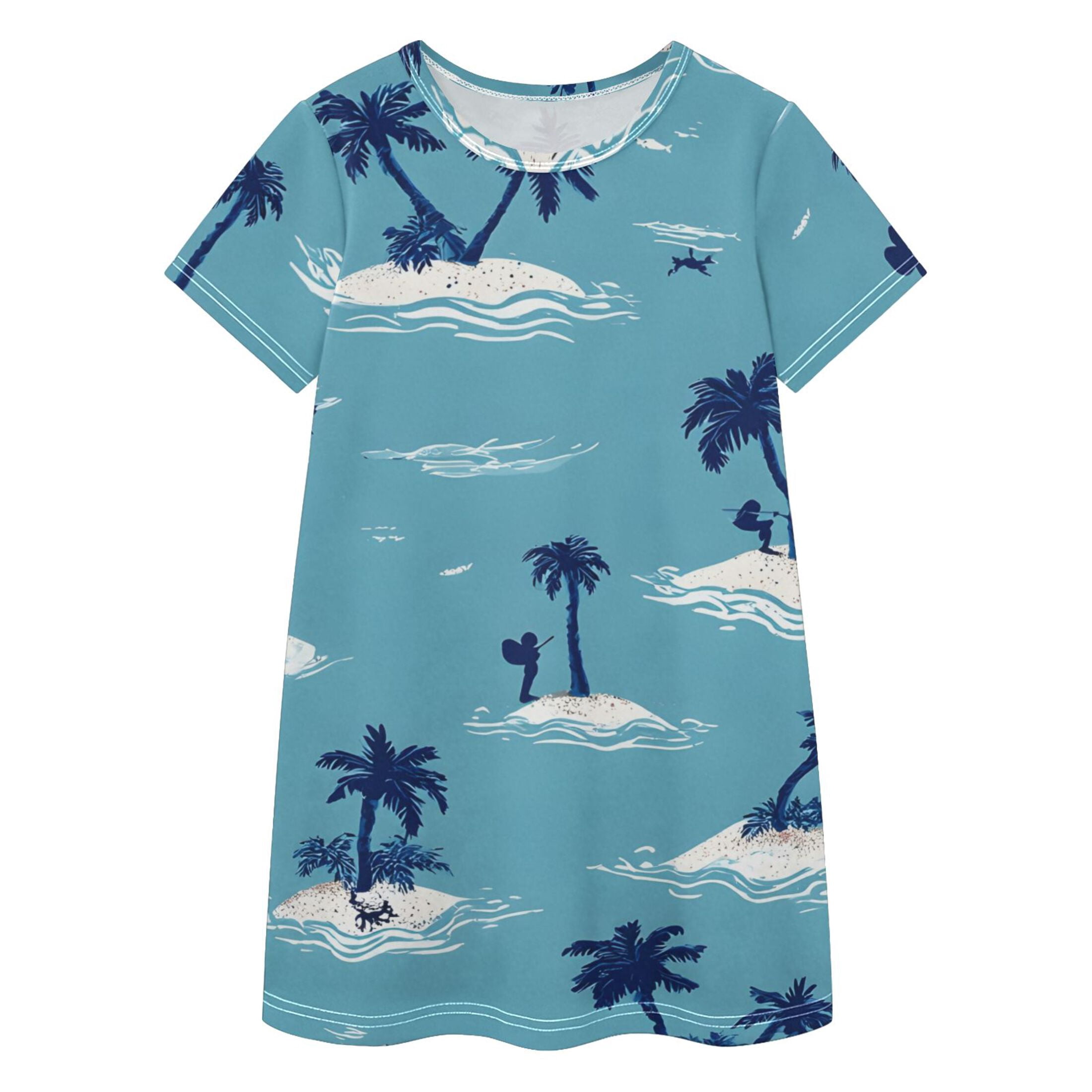 BZSMCE Short Sleeve dress Dress Casual Cotton Dresses-Blue Palm Tree ...
