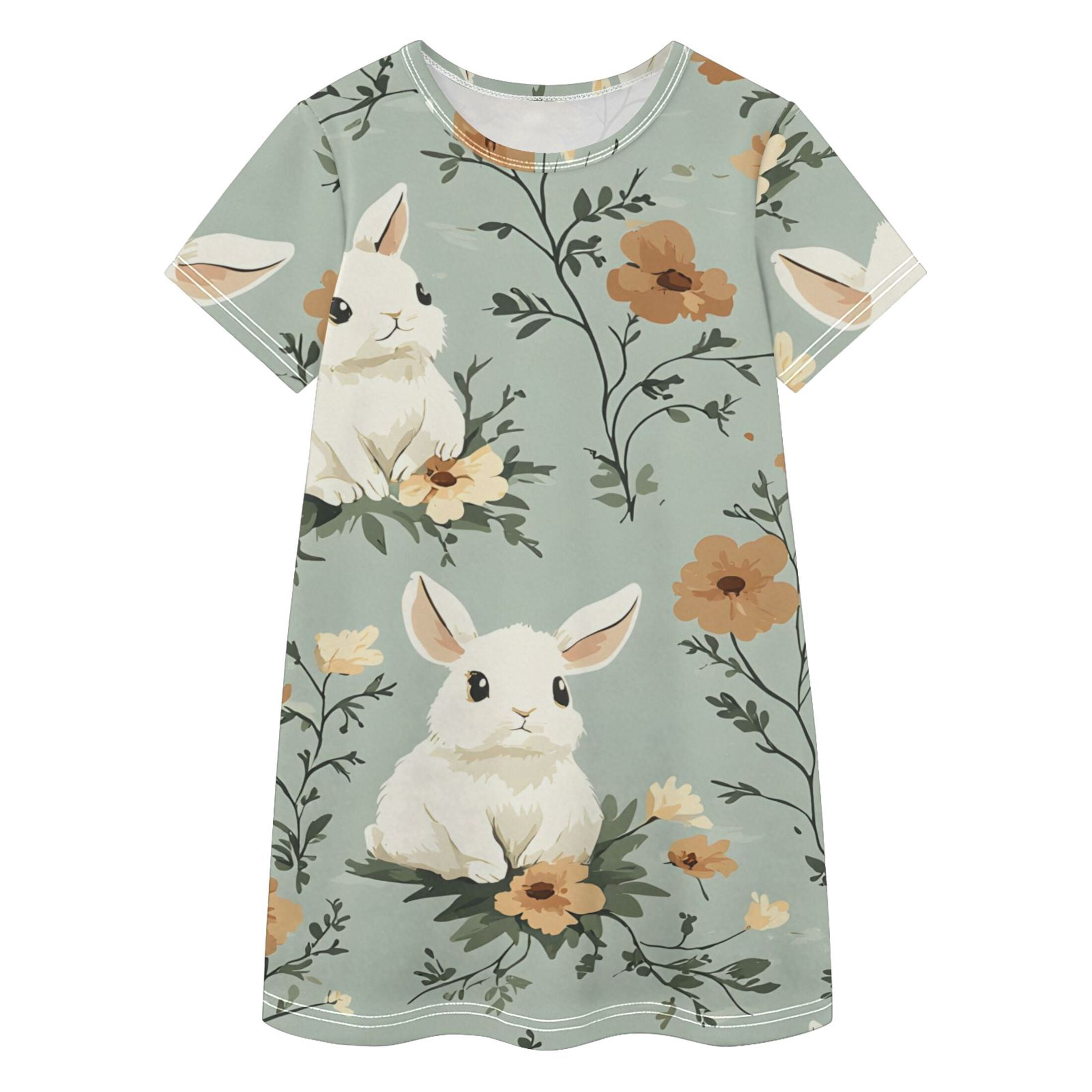 BZSMCE Short Sleeve dress Dress Casual Cotton Dresses-Bunny Flower ...