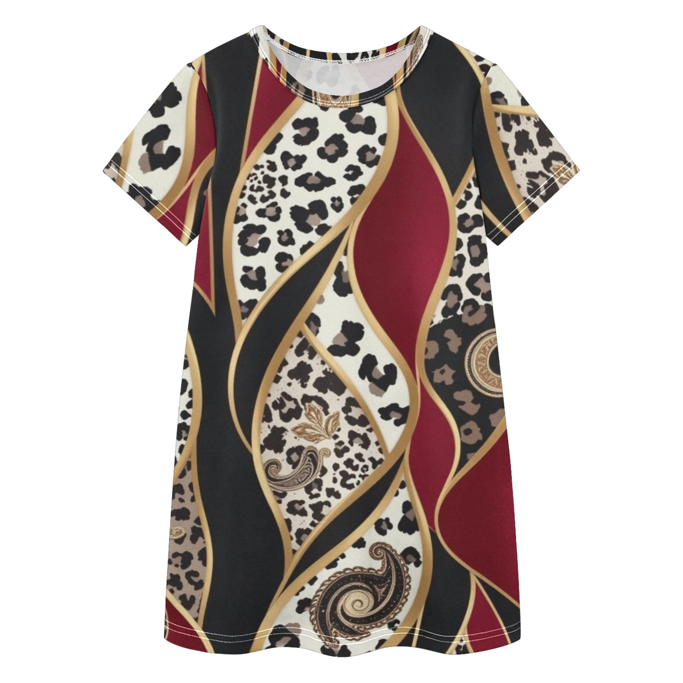 BZSMCE Short Sleeve dress Dress Casual Cotton Dresses-Burgundy Leopard ...