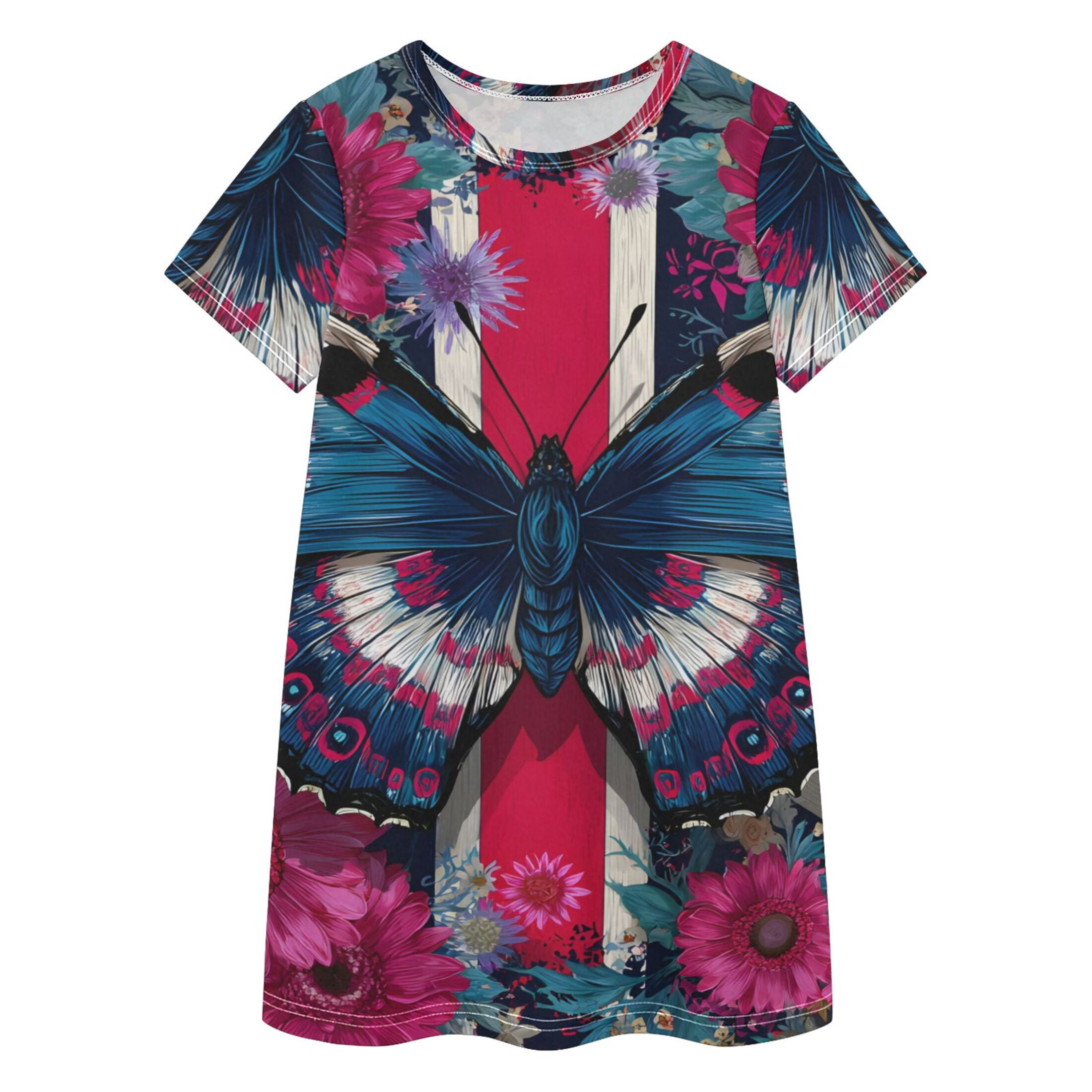 BZSMCE Short Sleeve dress Dress Casual Cotton Dresses-Butterfly Flower ...