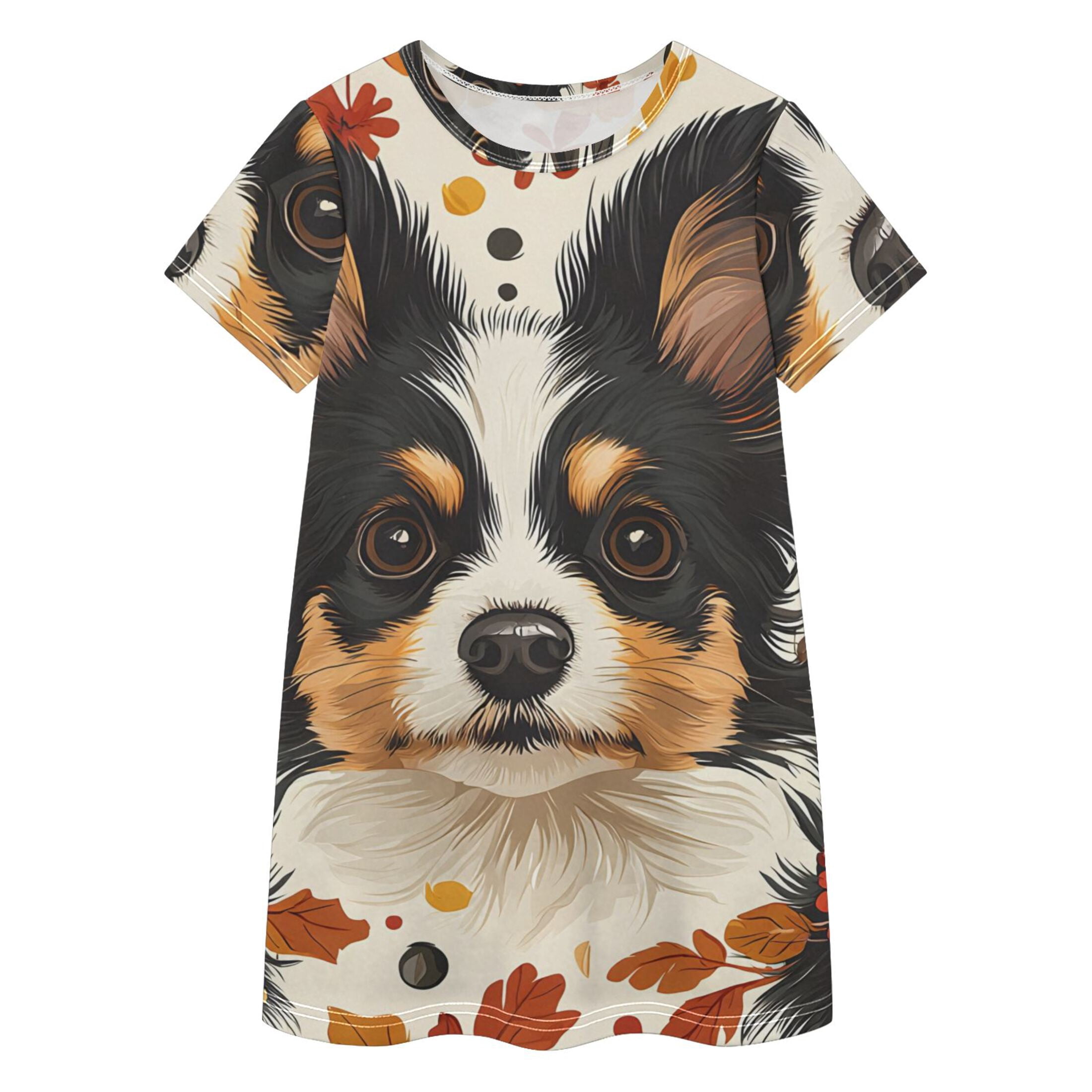 BZSMCE Short Sleeve dress Dress Casual Cotton Dresses-Corgi Autumn ...