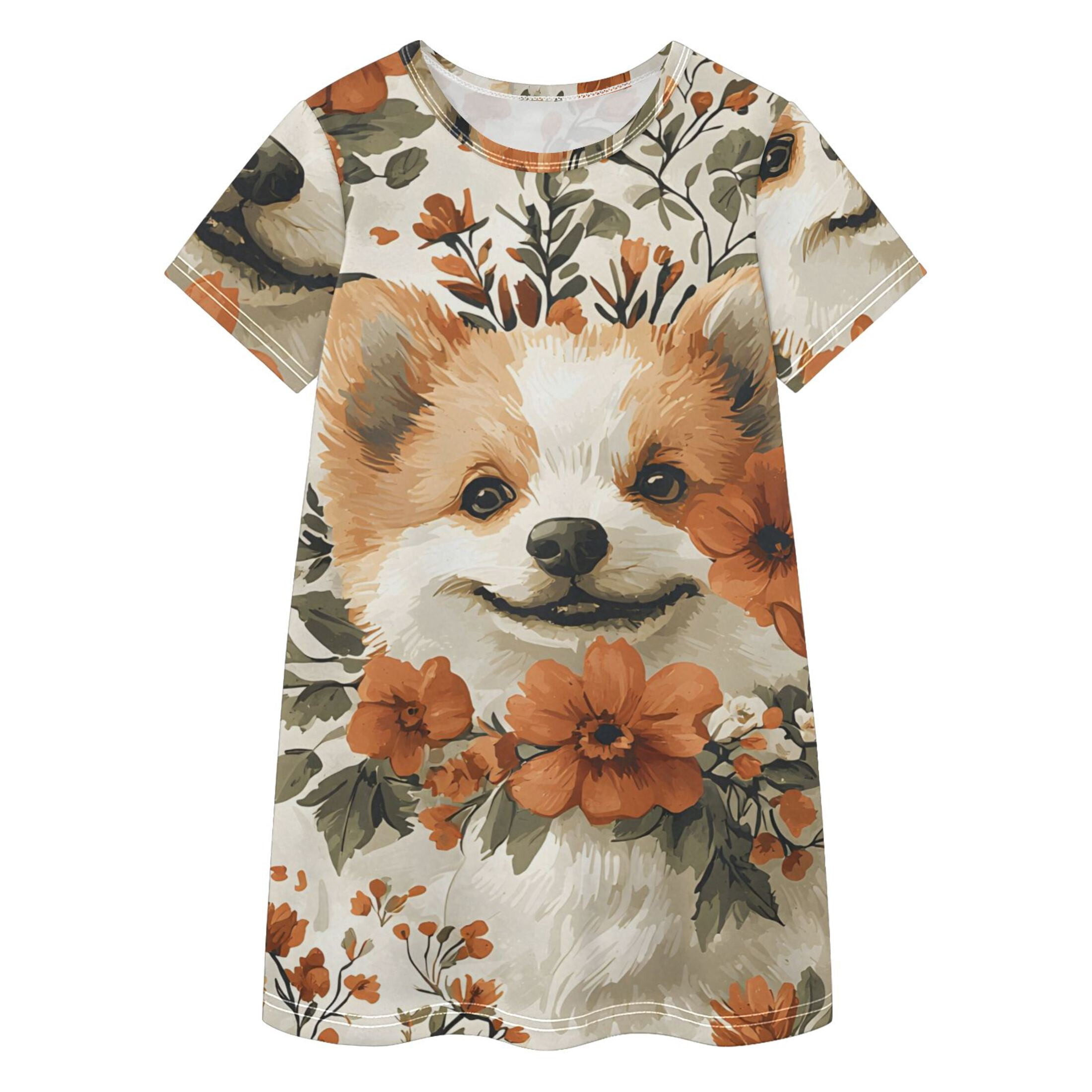 BZSMCE Short Sleeve dress Dress Casual Cotton Dresses-Corgi Flower ...