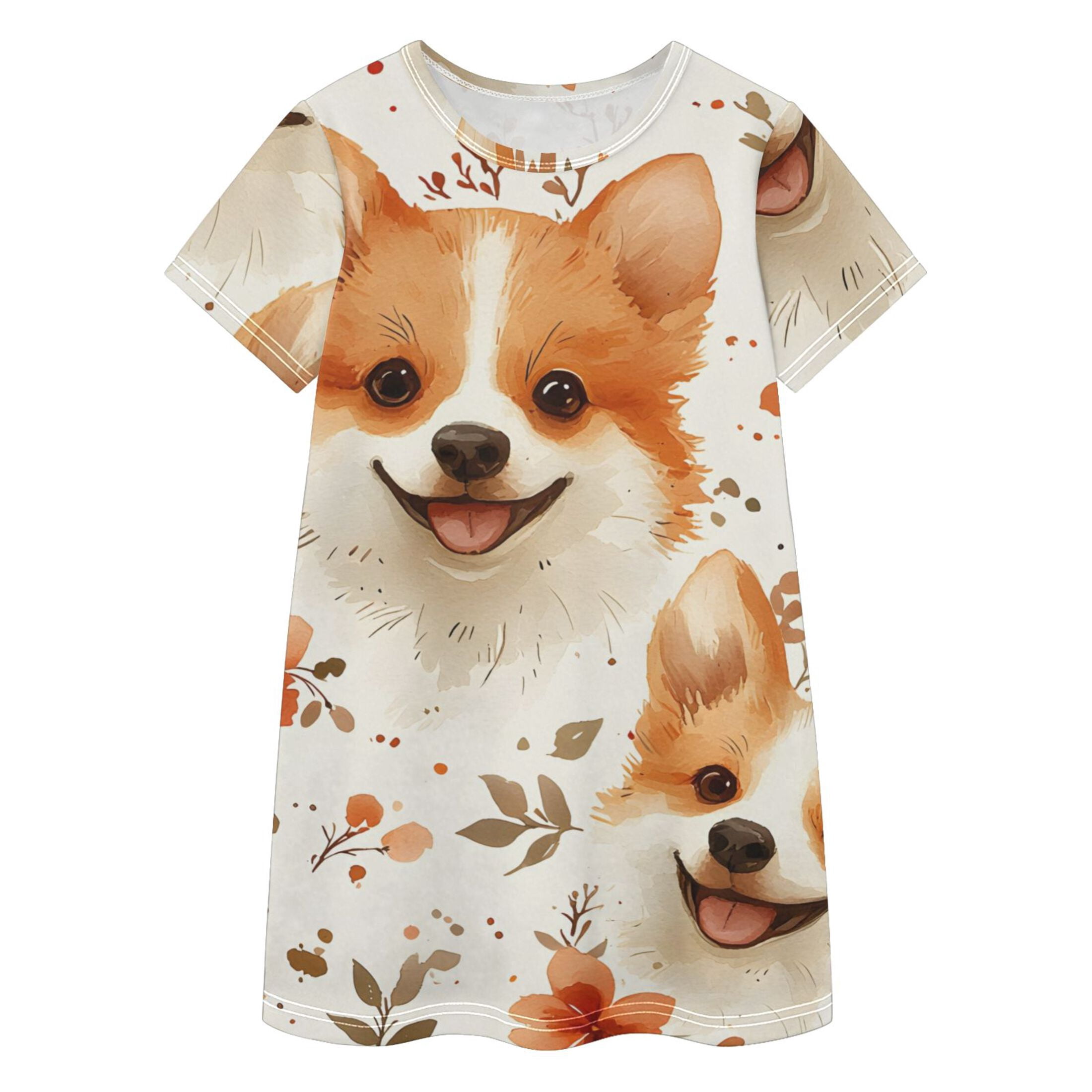 BZSMCE Short Sleeve dress Dress Casual Cotton Dresses-Corgi Flower ...