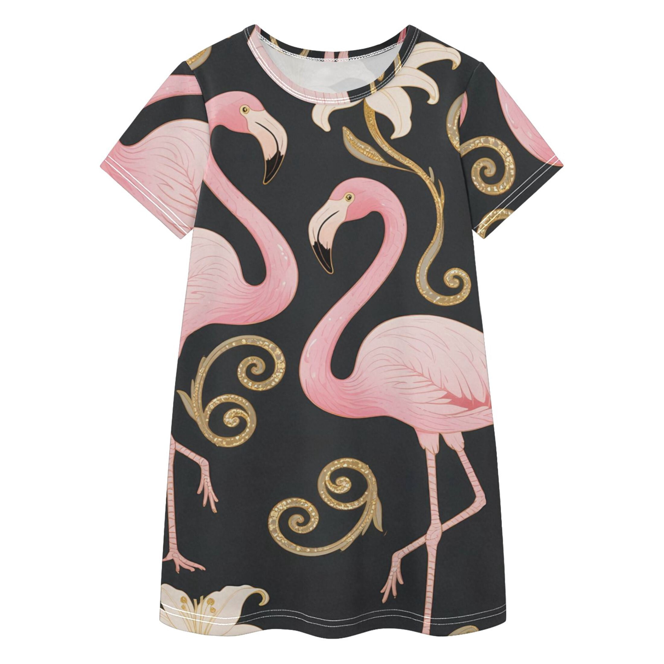 BZSMCE Short Sleeve dress Dress Casual Cotton Dresses-Flamingo Flowers ...