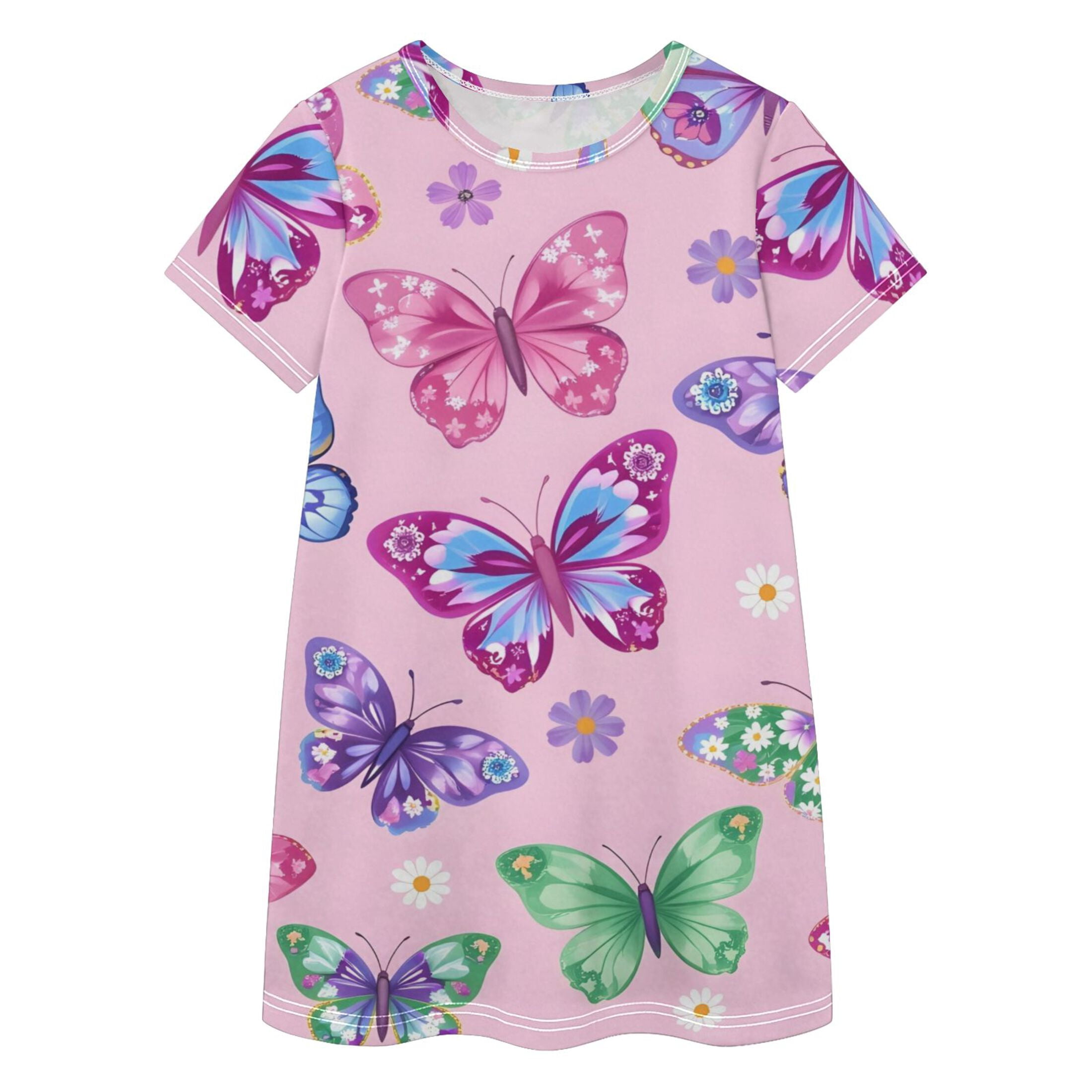 BZSMCE Short Sleeve dress Dress Casual Cotton Dresses-Flower Butterfies ...