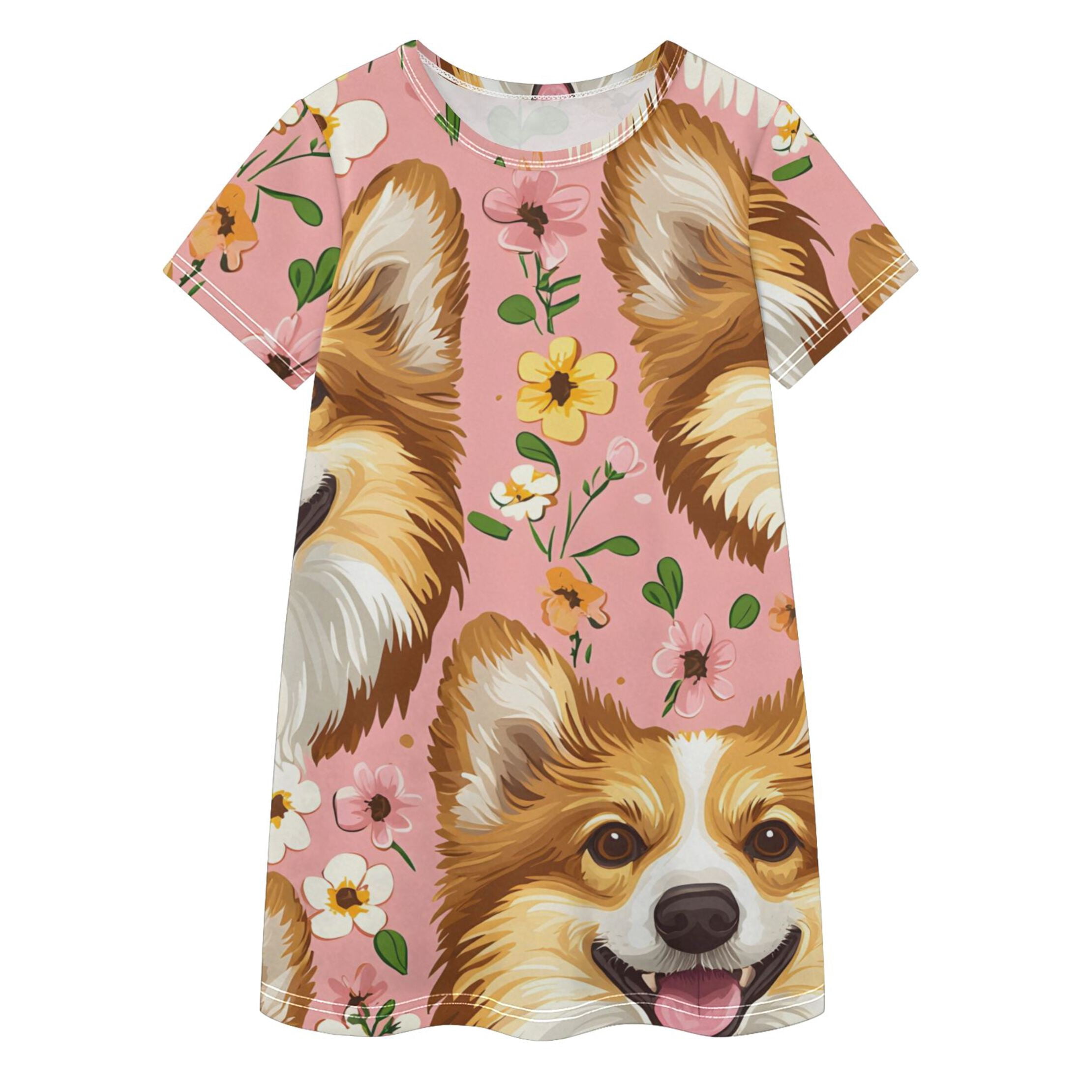 BZSMCE Short Sleeve dress Dress Casual Cotton Dresses-Flower Corgi Pink ...