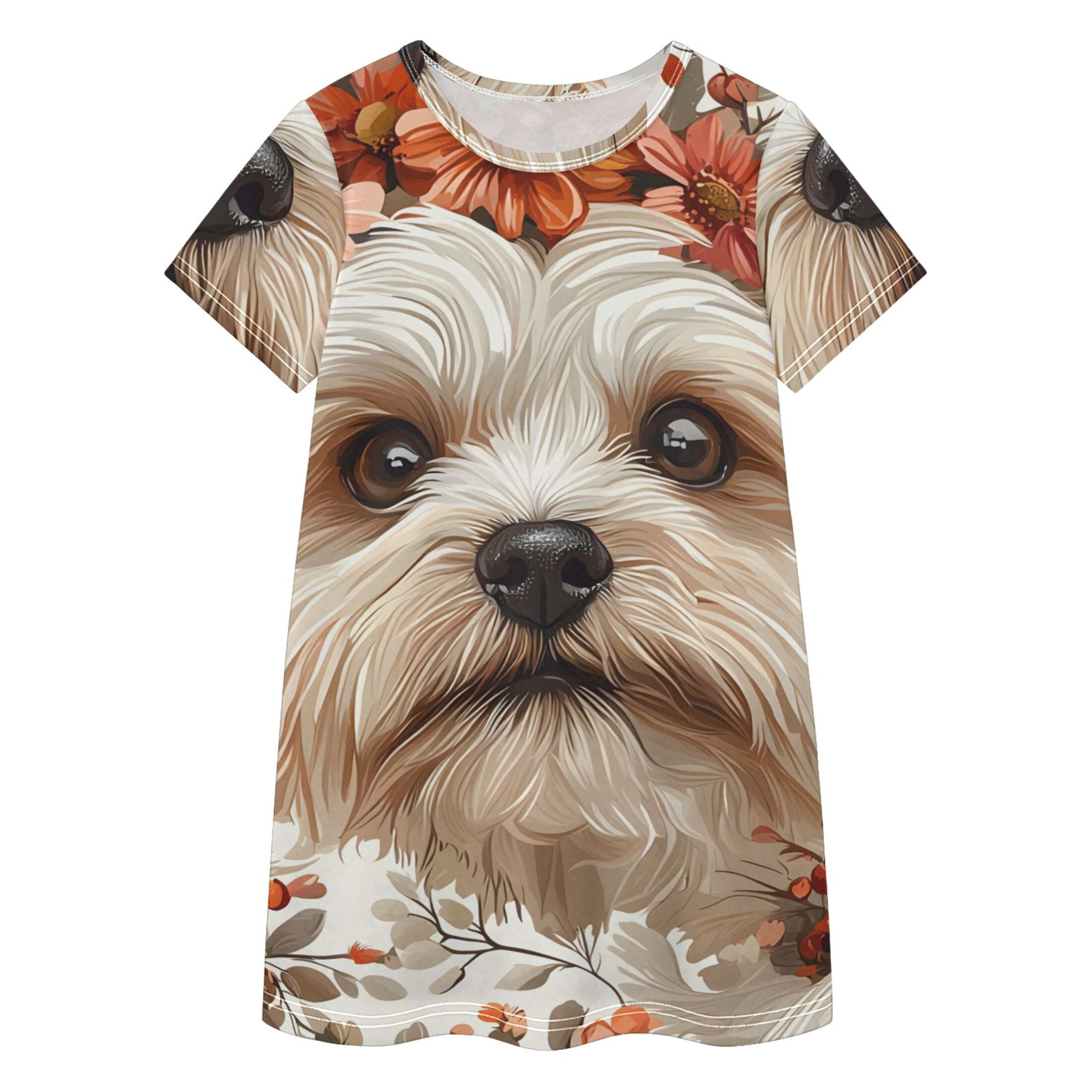 BZSMCE Short Sleeve dress Dress Casual Cotton Dresses-Flower Crown Dog ...