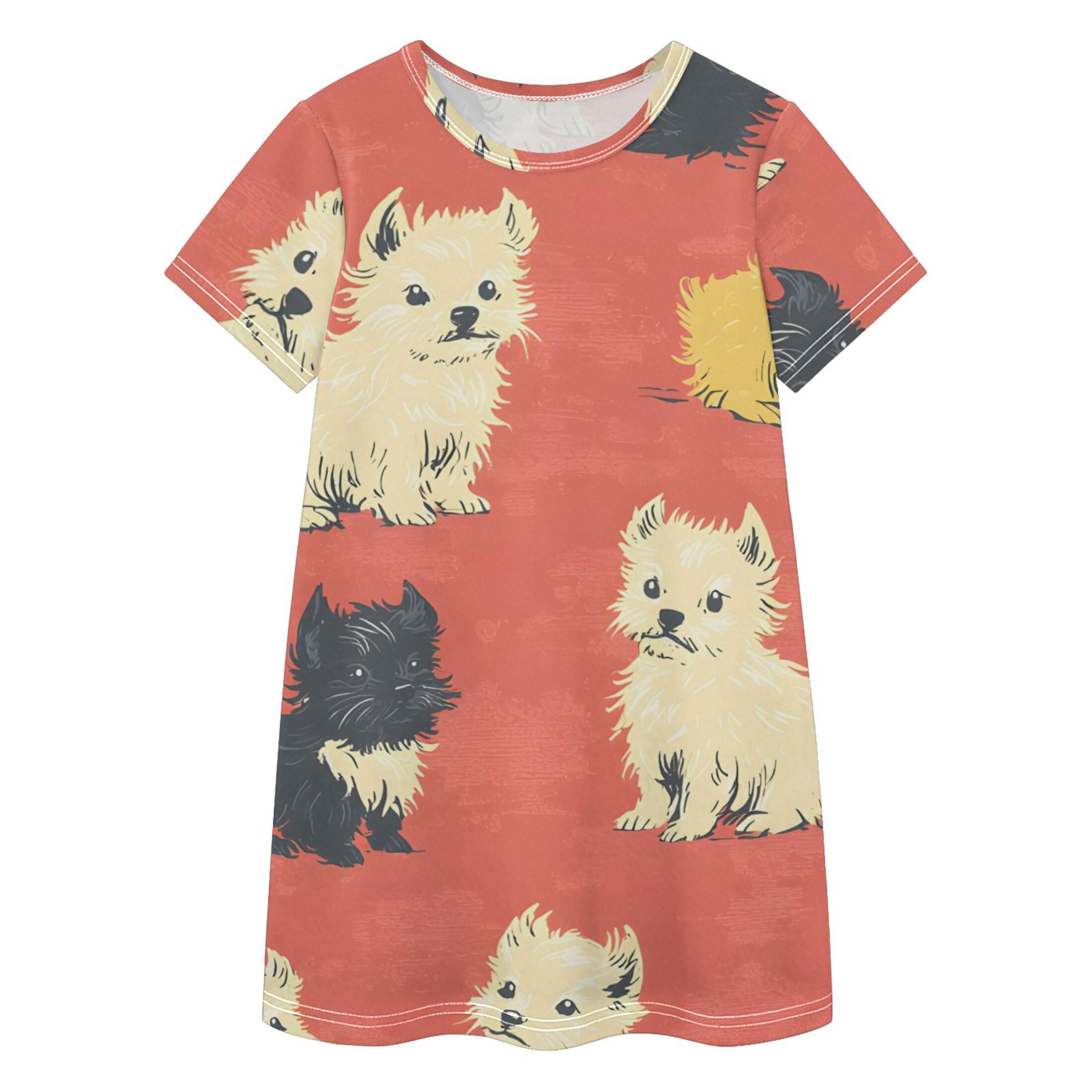 BZSMCE Short Sleeve dress Dress Casual Cotton Dresses-Fluffy Puppy Red ...