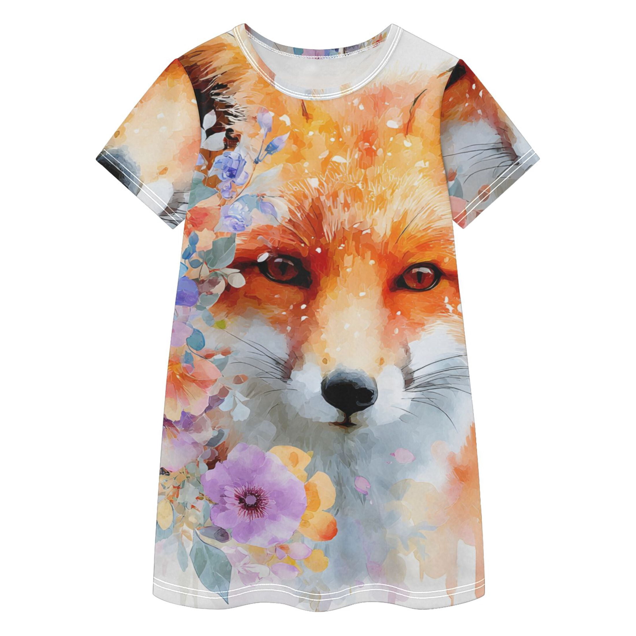 BZSMCE Short Sleeve dress Dress Casual Cotton Dresses-Fox Face Flower ...
