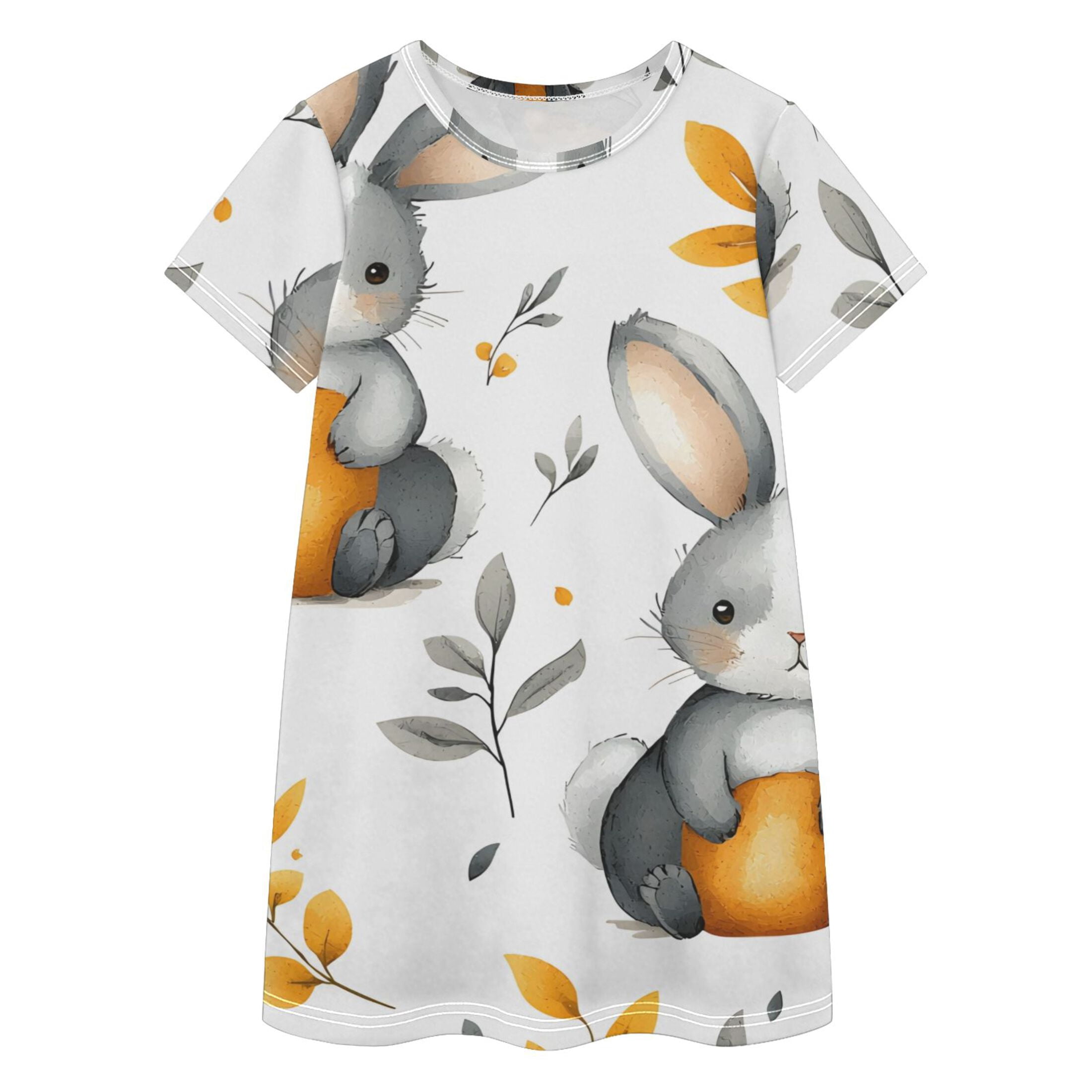 BZSMCE Short Sleeve dress Dress Casual Cotton Dresses-Gray Bunny Carrot ...