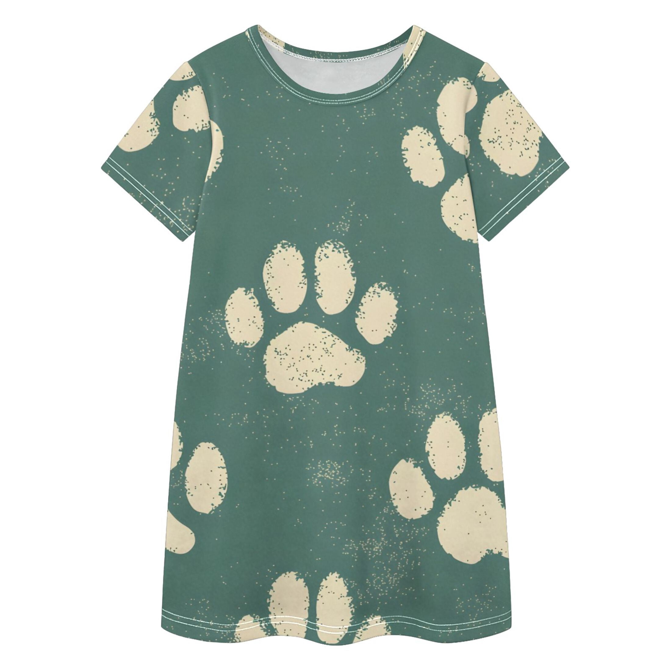 BZSMCE Short Sleeve dress Dress Casual Cotton Dresses-Green Paw Print ...